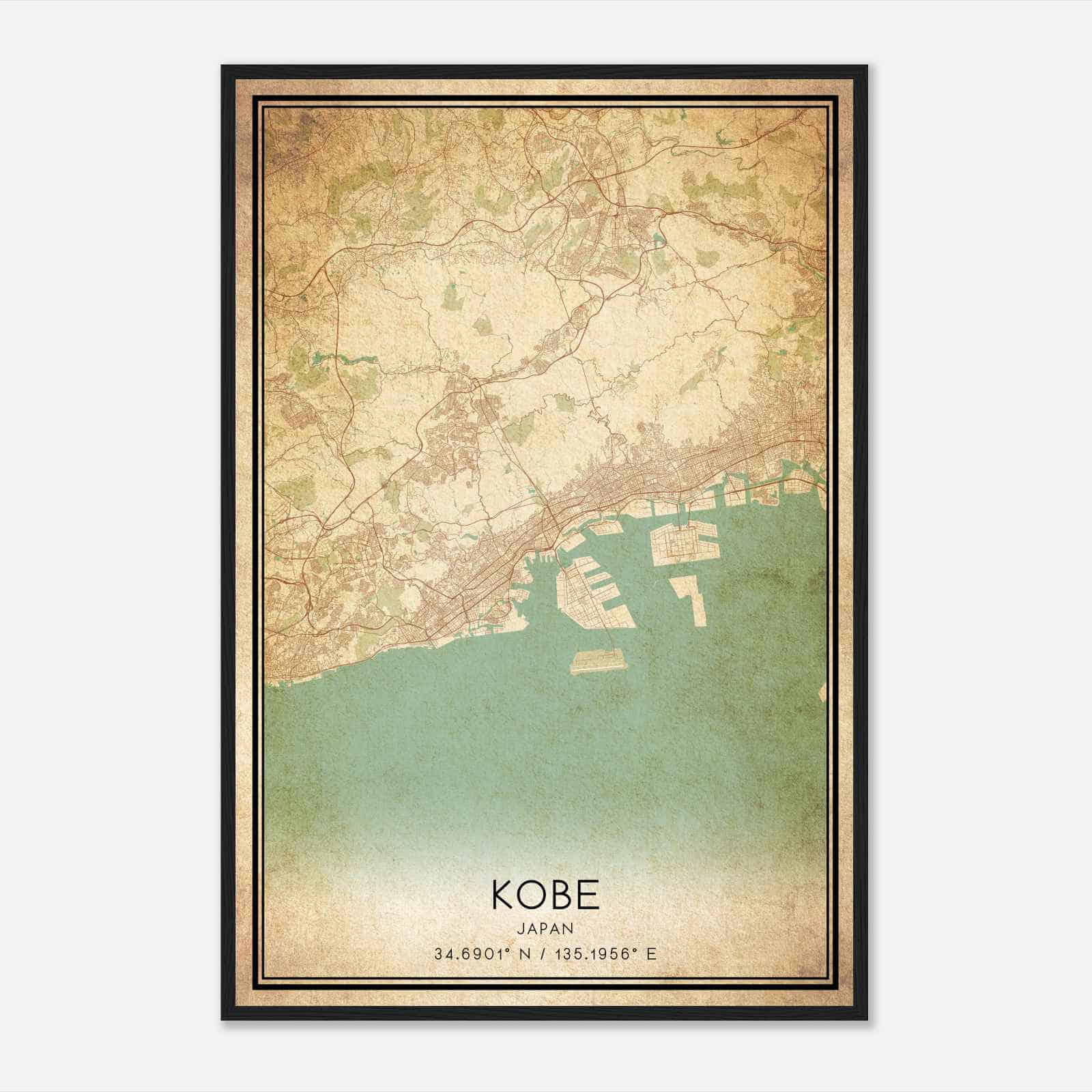 Vintage Kobe Japan Map Poster, Kobe City Road Wall Art Print - Custom ...