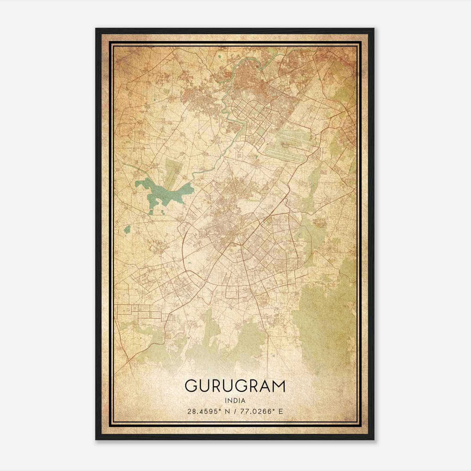 Vintage Gurugram India Map Poster, Gurugram City Road Wall Art Print ...
