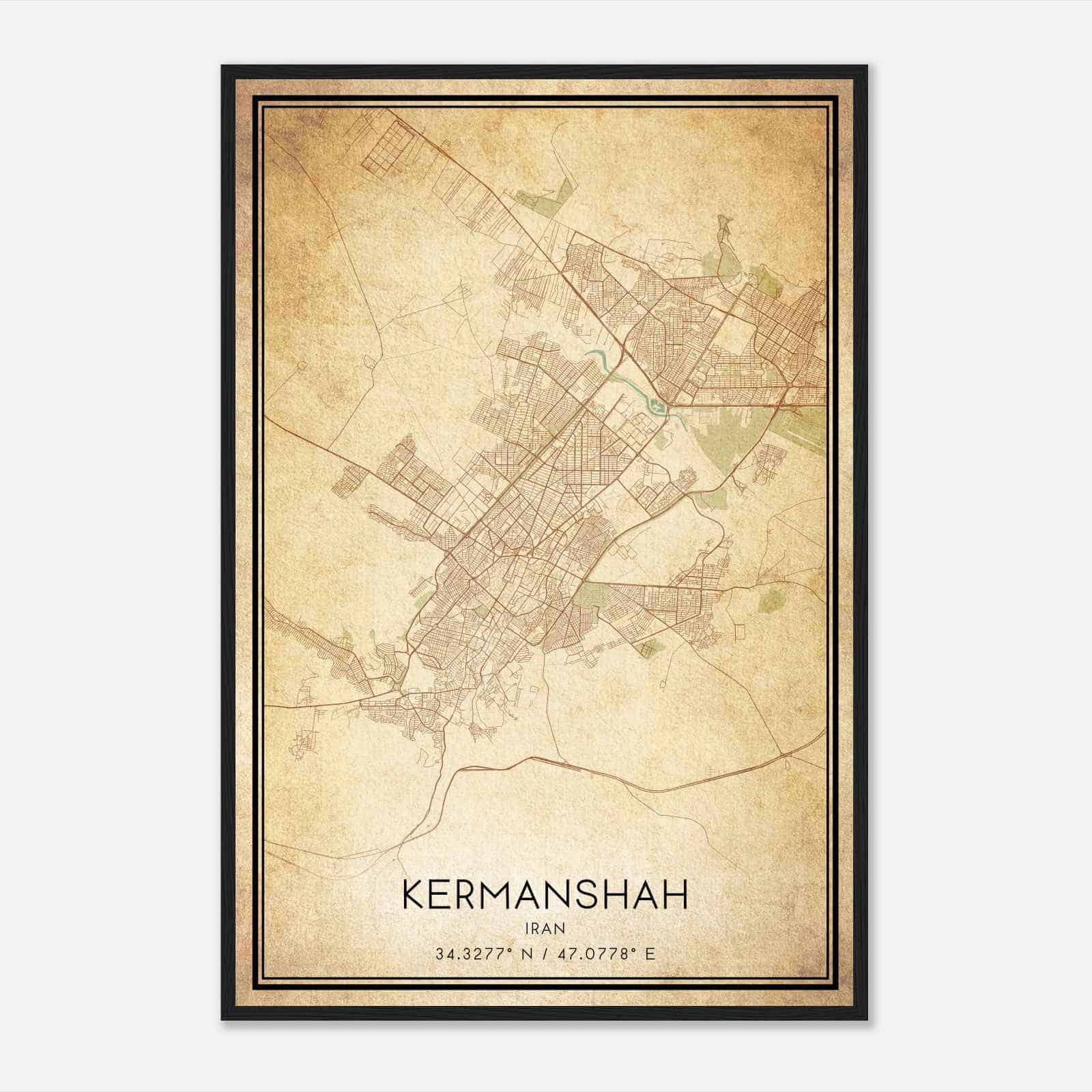 Vintage Kermanshah Iran Map Poster, Kermanshah City Road Wall Art Print - Custom Maps & Posters