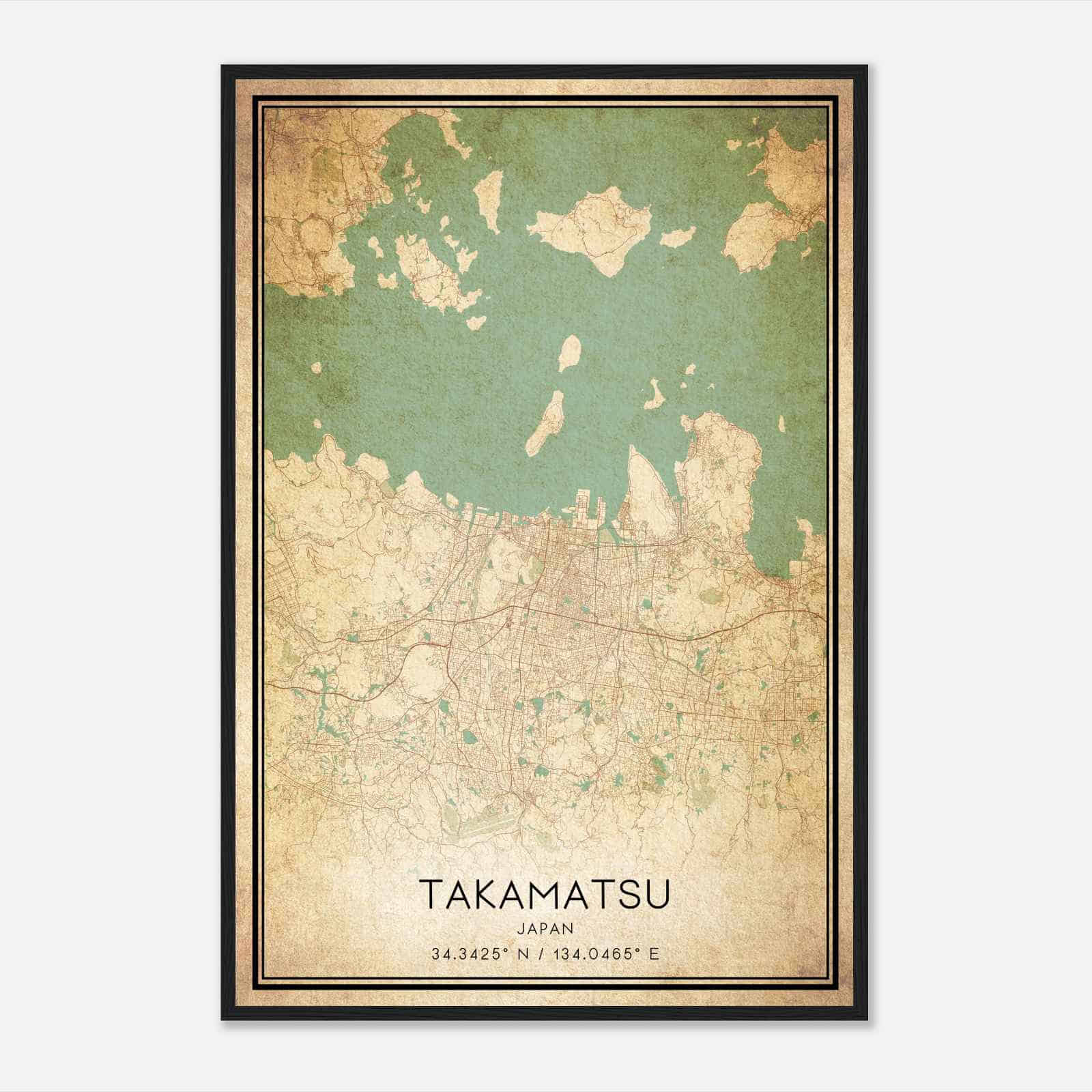 Vintage Takamatsu Japan Map Poster, Takamatsu City Road Wall Art Print - Custom Maps & Posters