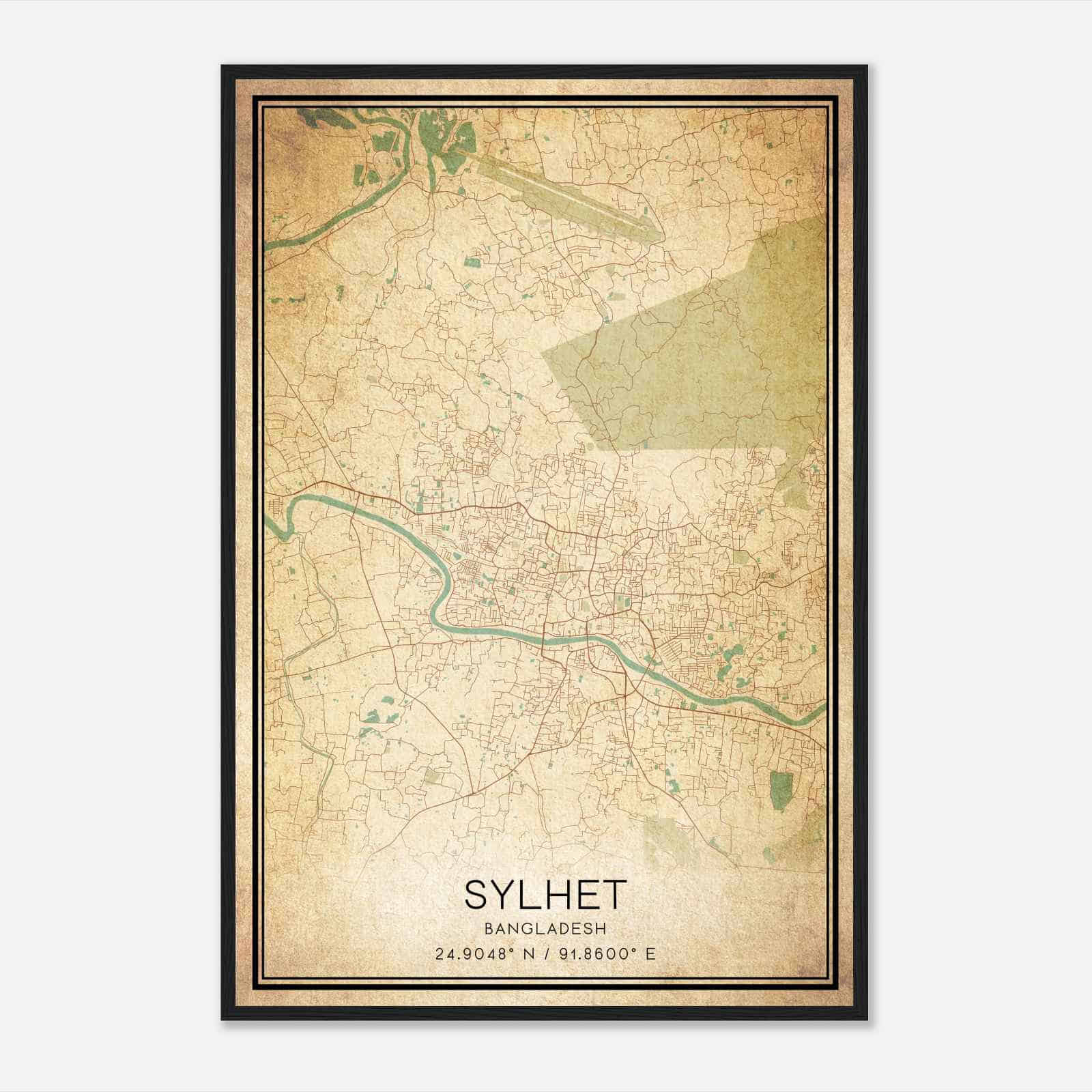 Vintage Sylhet Bangladesh Map Poster, Sylhet City Road Wall Art Print ...