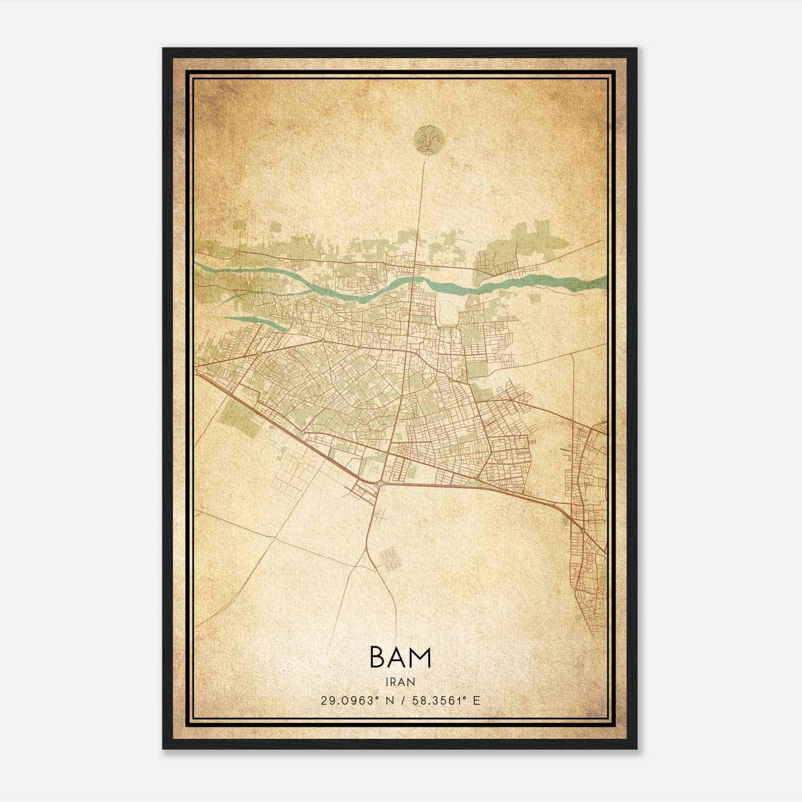 Vintage Bam Iran Map Poster, Bam City Road Wall Art Print - Custom Maps ...