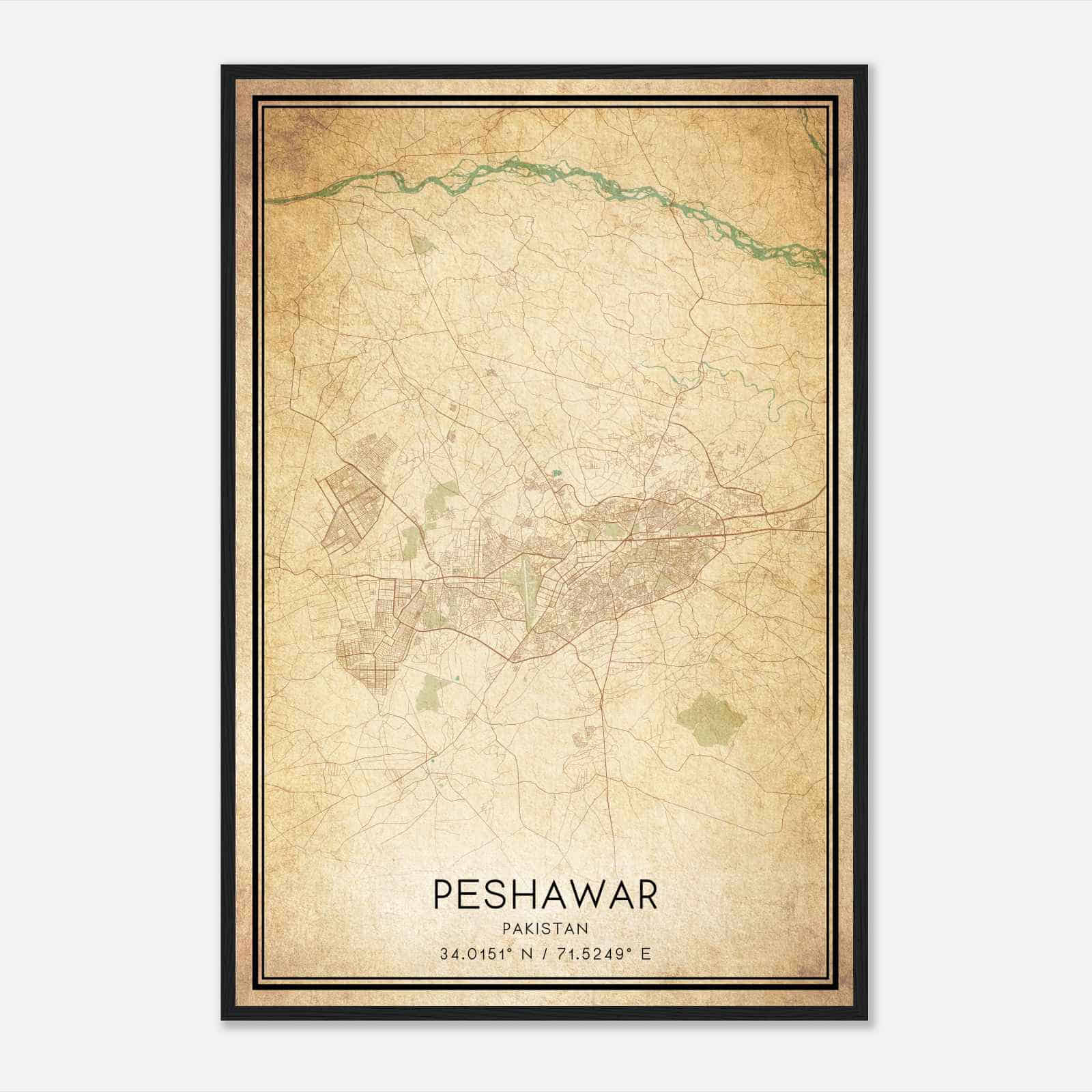 Vintage Peshawar Pakistan Map Poster, Peshawar City Road Wall Art Print - Custom Maps & Posters
