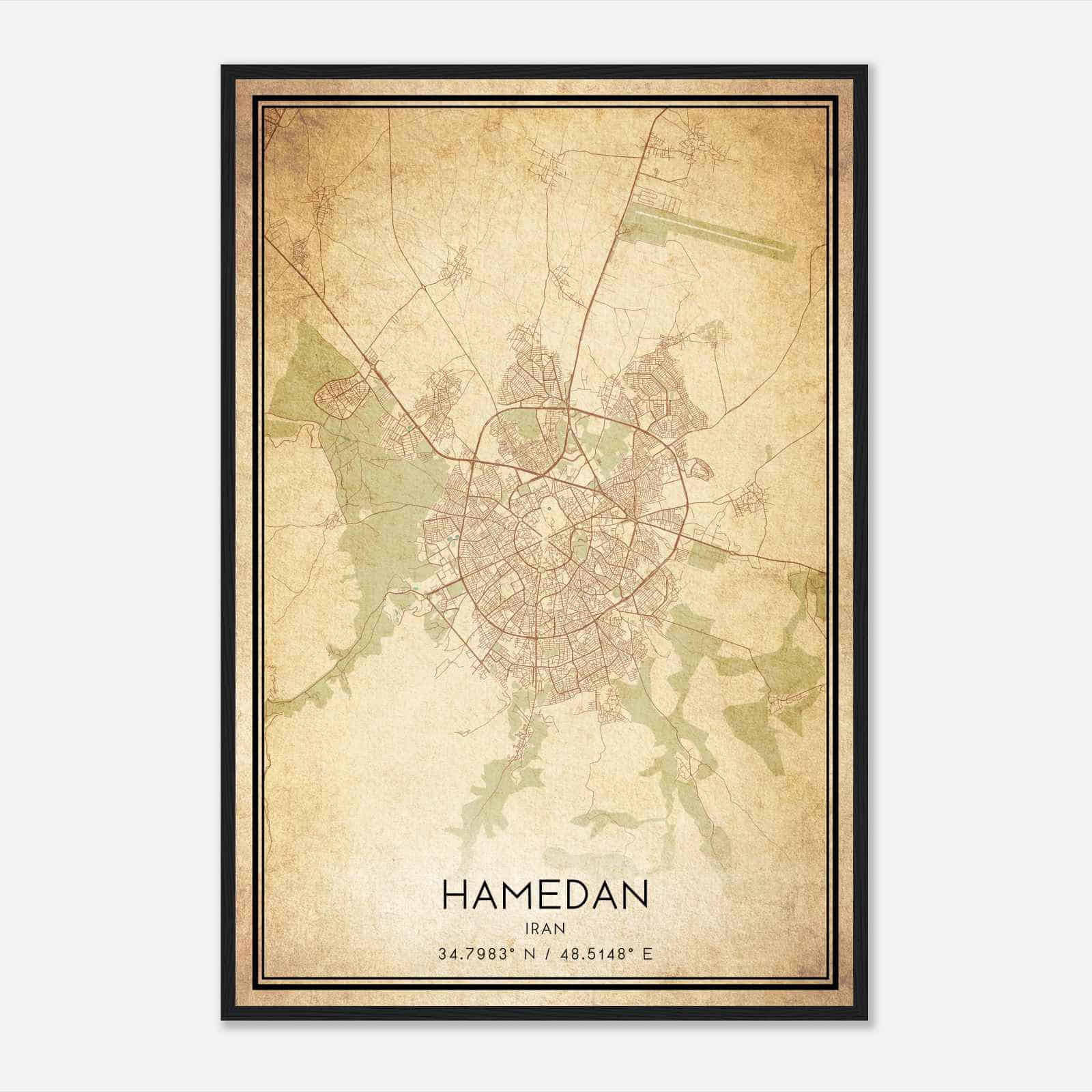 Vintage Hamedan Iran Map Poster, Hamedan City Road Wall Art Print ...