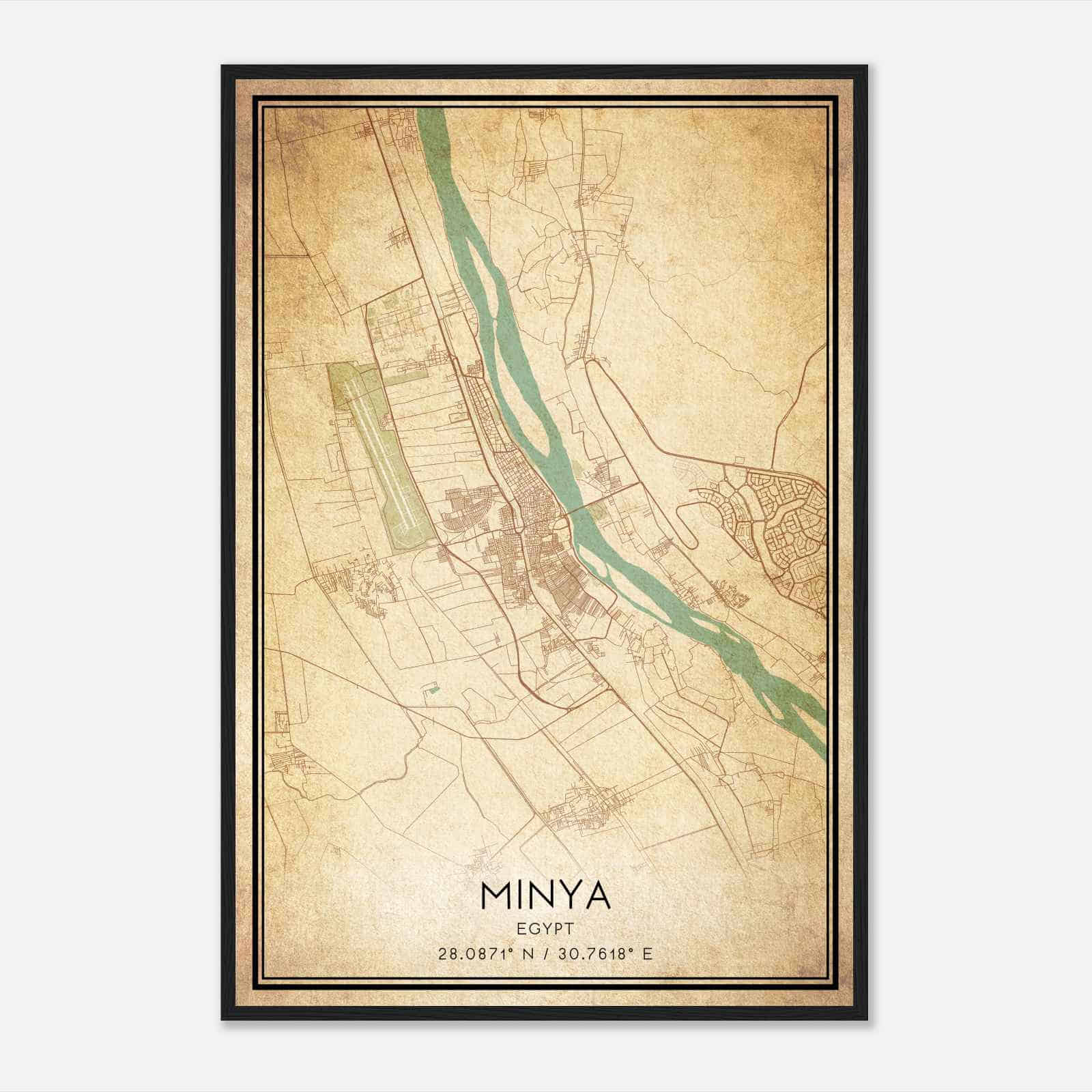 Vintage Minya Egypt Map Poster, Minya City Road Wall Art Print - Custom ...