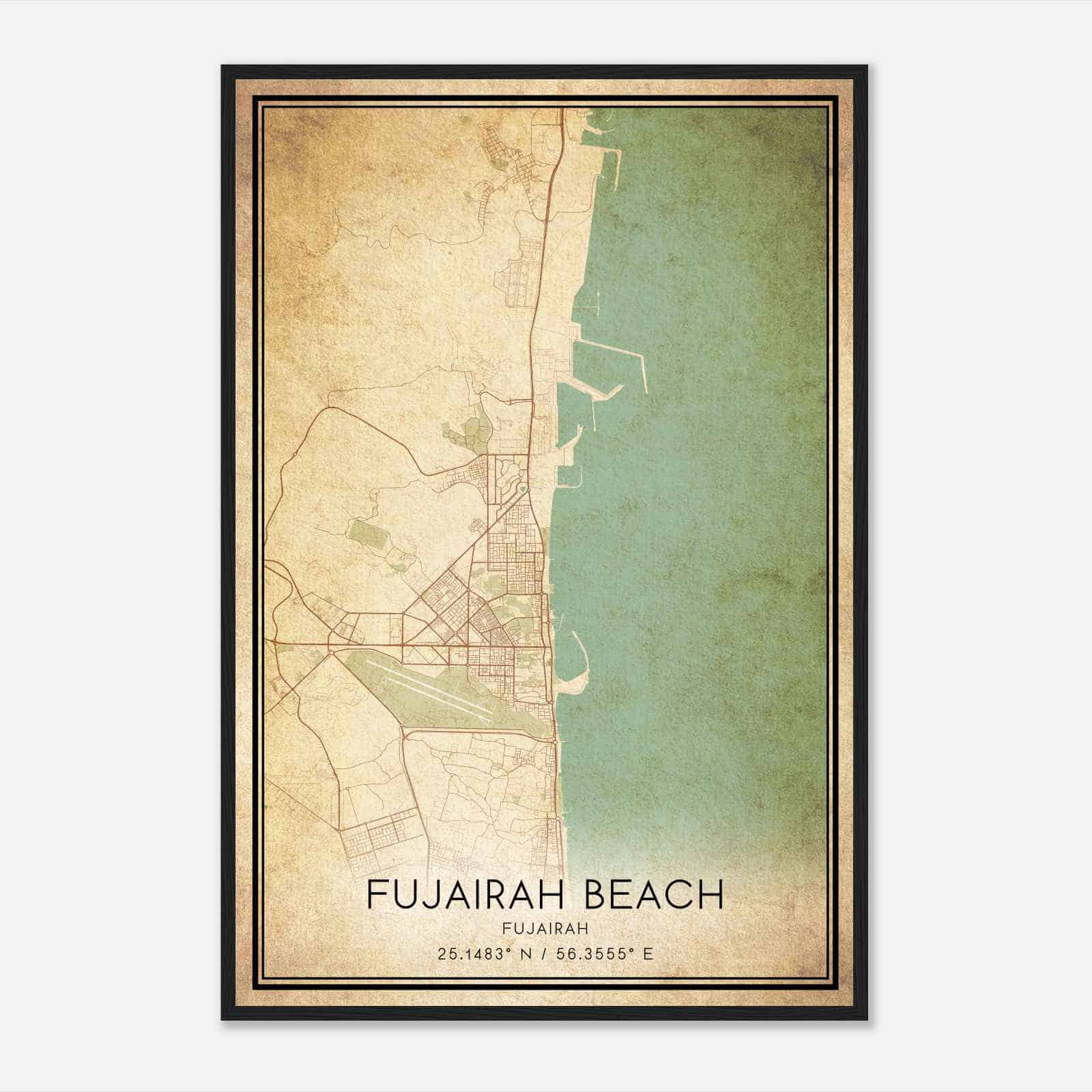 Vintage Fujairah Beach Fujairah Map Poster, Fujairah Beach City Road ...