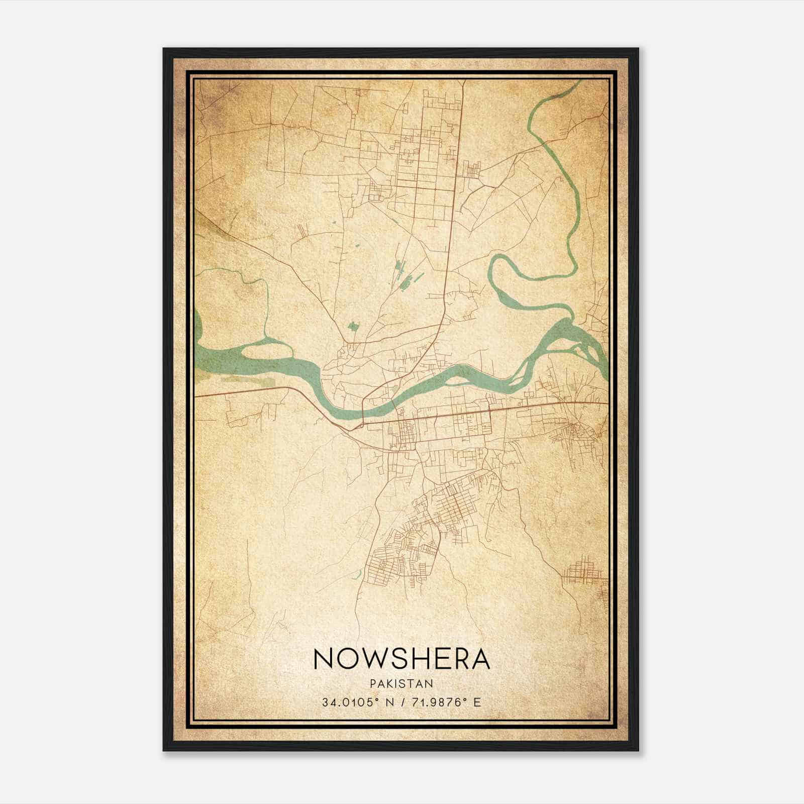 Vintage Nowshera Pakistan Map Poster, Nowshera City Road Wall Art Print ...