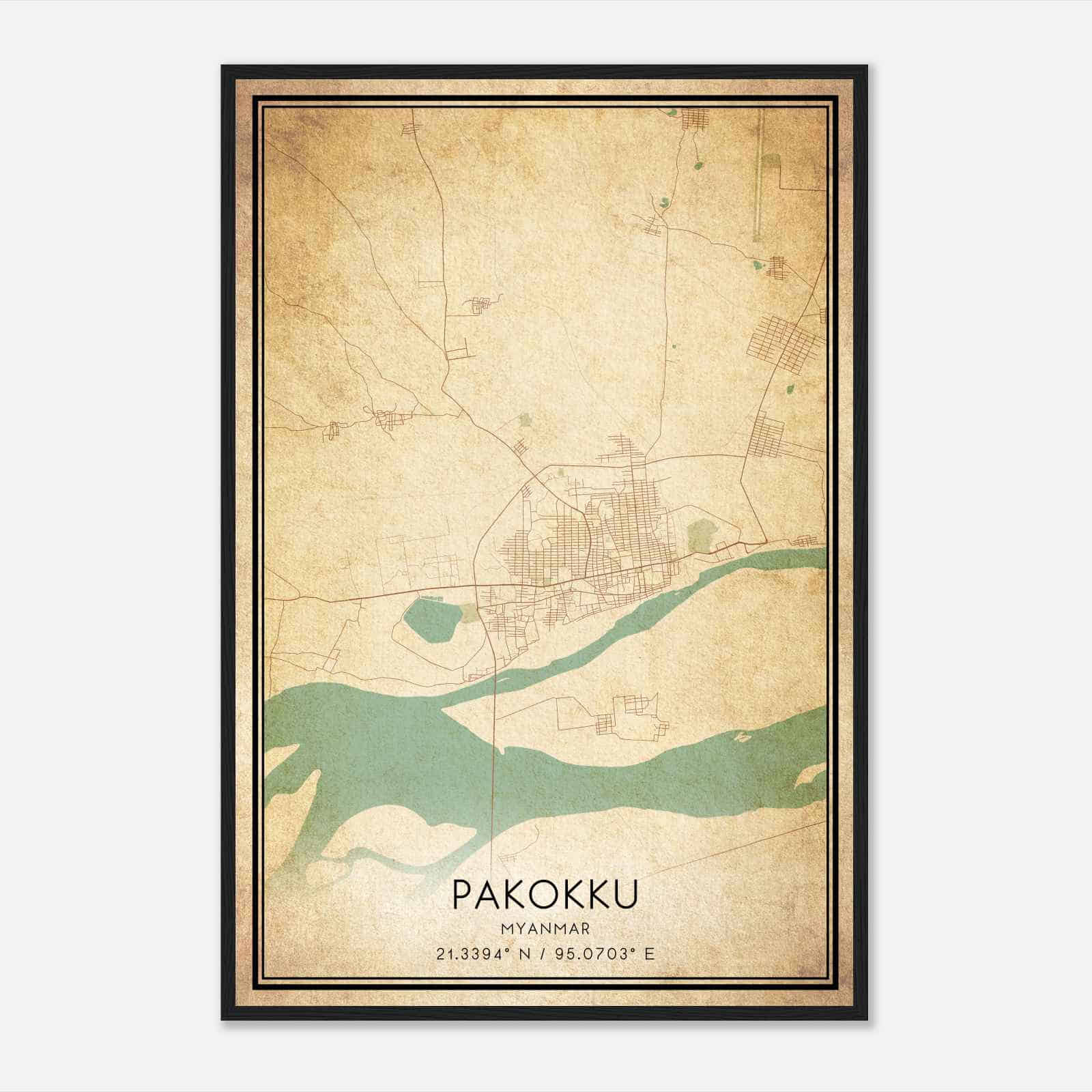 Vintage Pakokku Myanmar Map Poster, Pakokku City Road Wall Art Print - Custom Maps & Posters