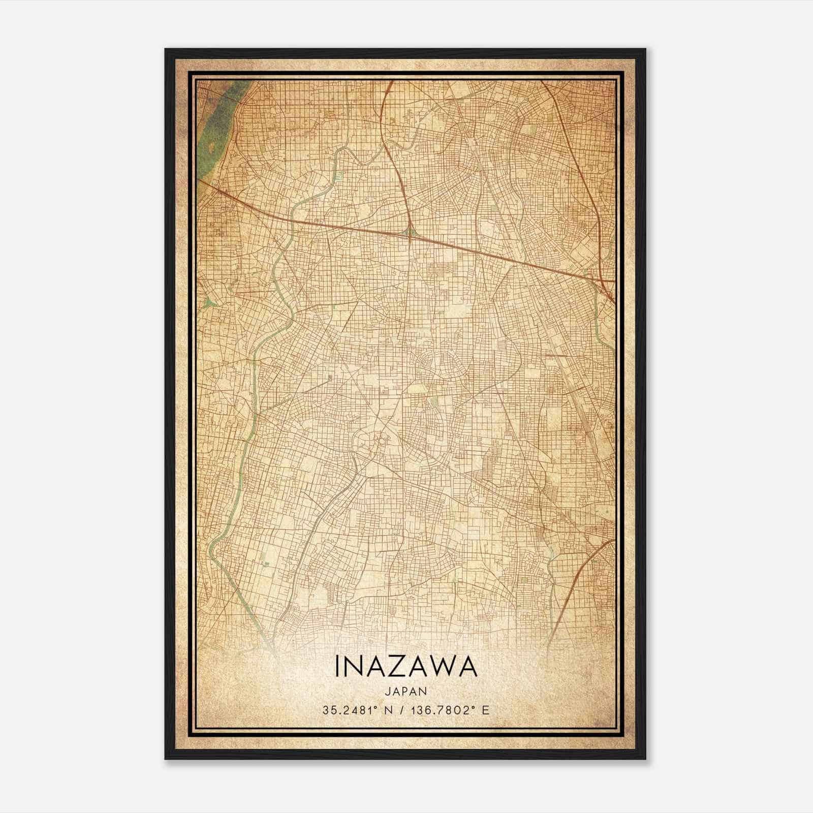 Vintage Inazawa Japan Map Poster, Inazawa City Road Wall Art Print ...