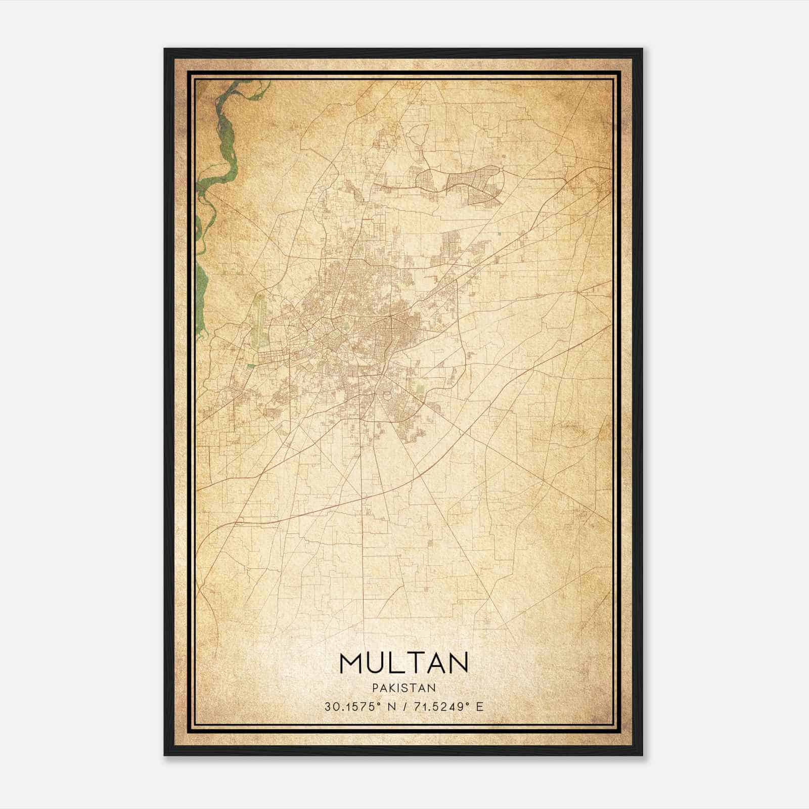 Vintage Multan Pakistan Map Poster, Multan City Road Wall Art Print ...