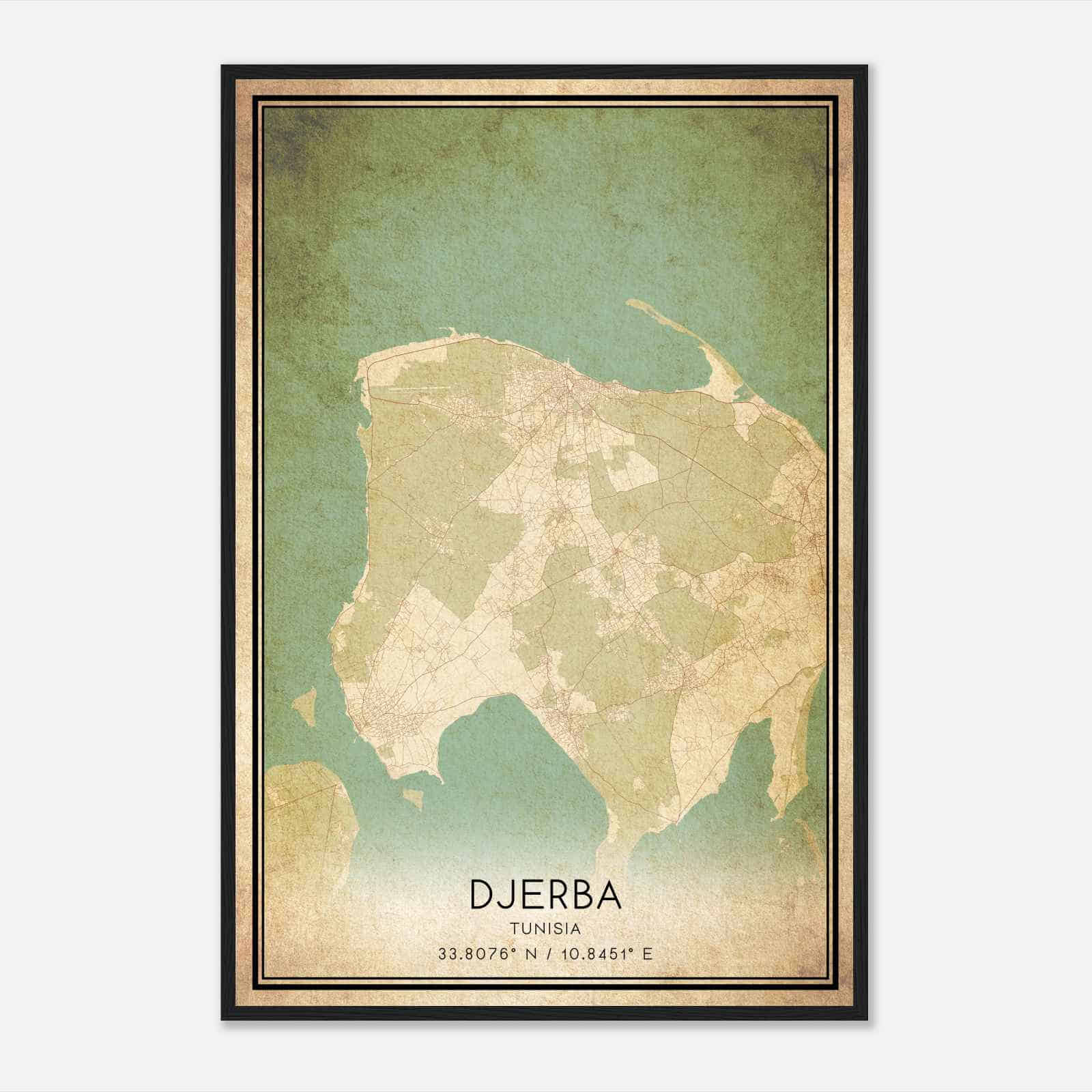 Vintage Djerba Tunisia Map Poster, Djerba City Road Wall Art Print - Custom Maps & Posters
