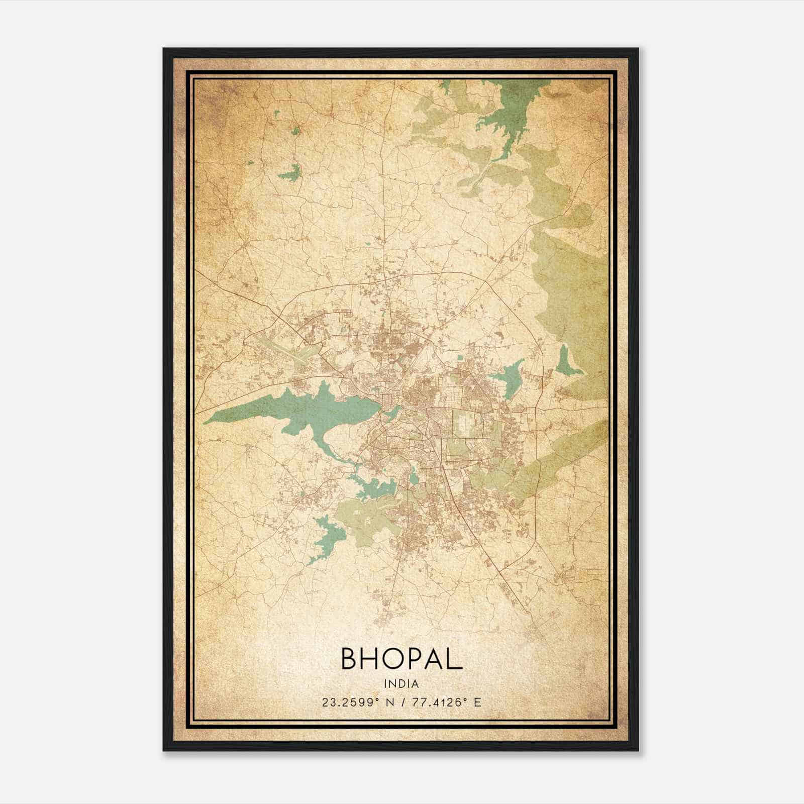Vintage Bhopal India Map Poster, Bhopal City Road Wall Art Print ...