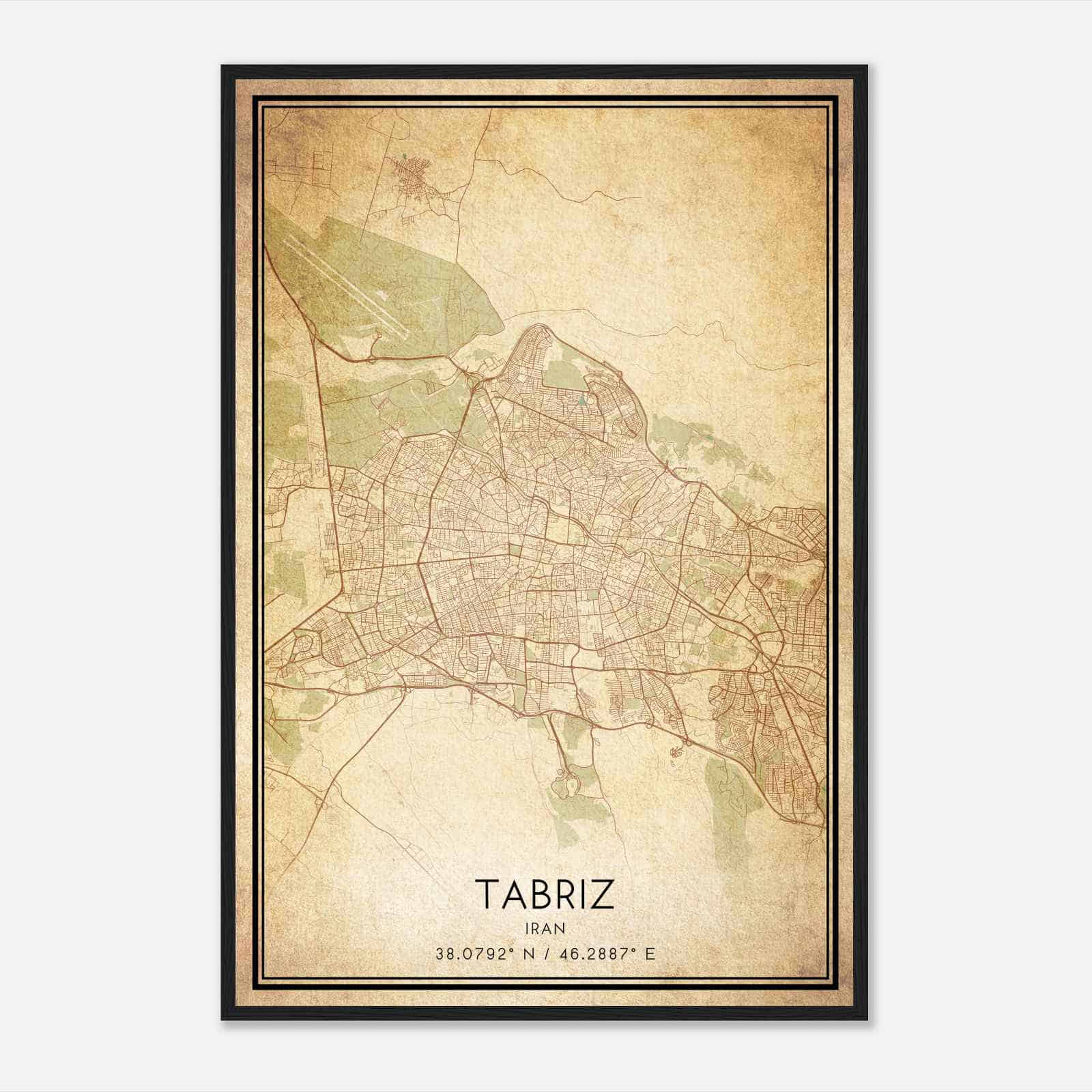 Vintage Tabriz Iran Map Poster, Tabriz City Road Wall Art Print ...