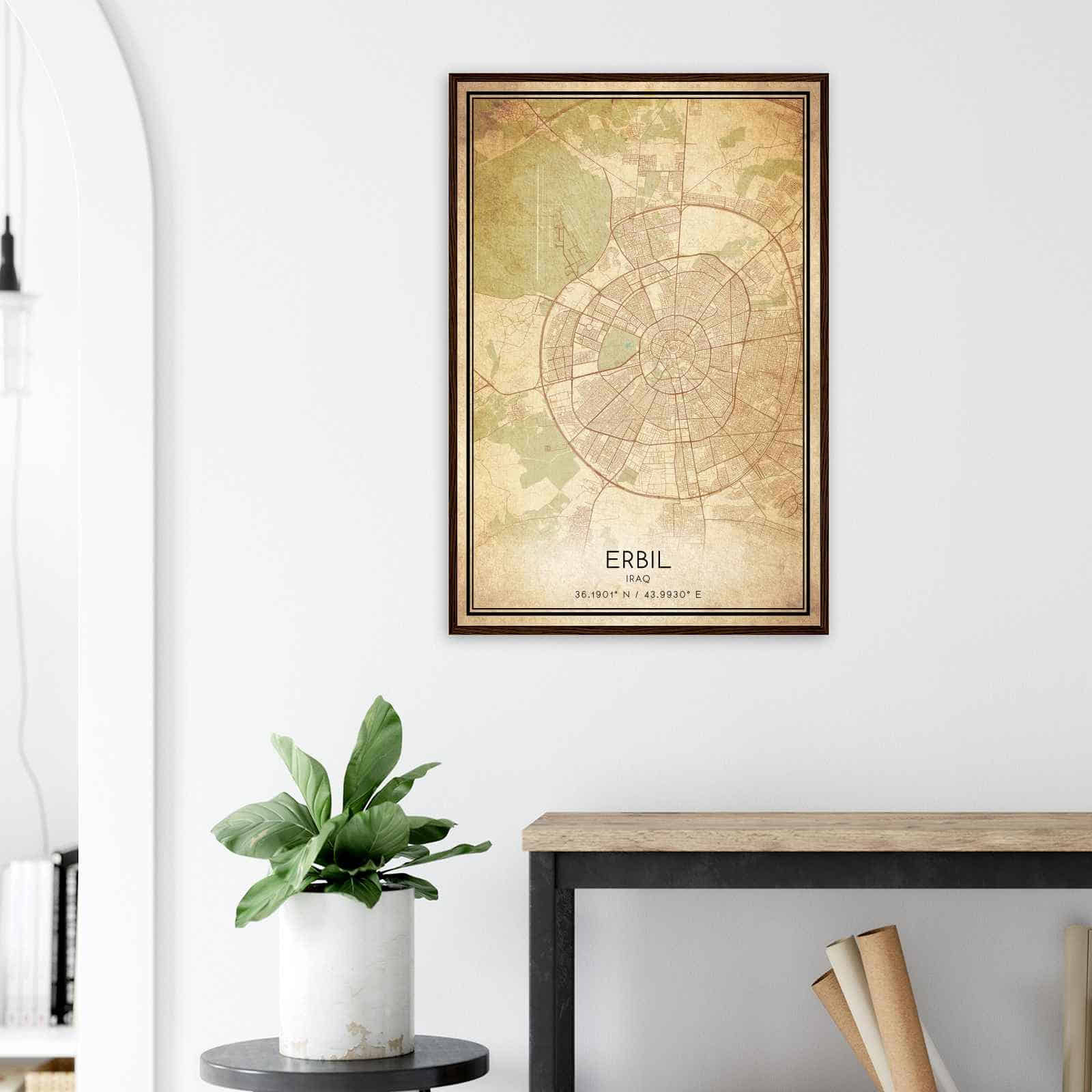 Vintage Erbil Iraq Map Poster, Erbil City Road Wall Art Print - Custom ...