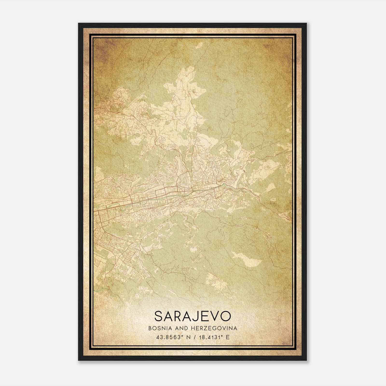 Vintage Sarajevo Bosnia And Herzegovina Map Poster, Sarajevo City Road ...