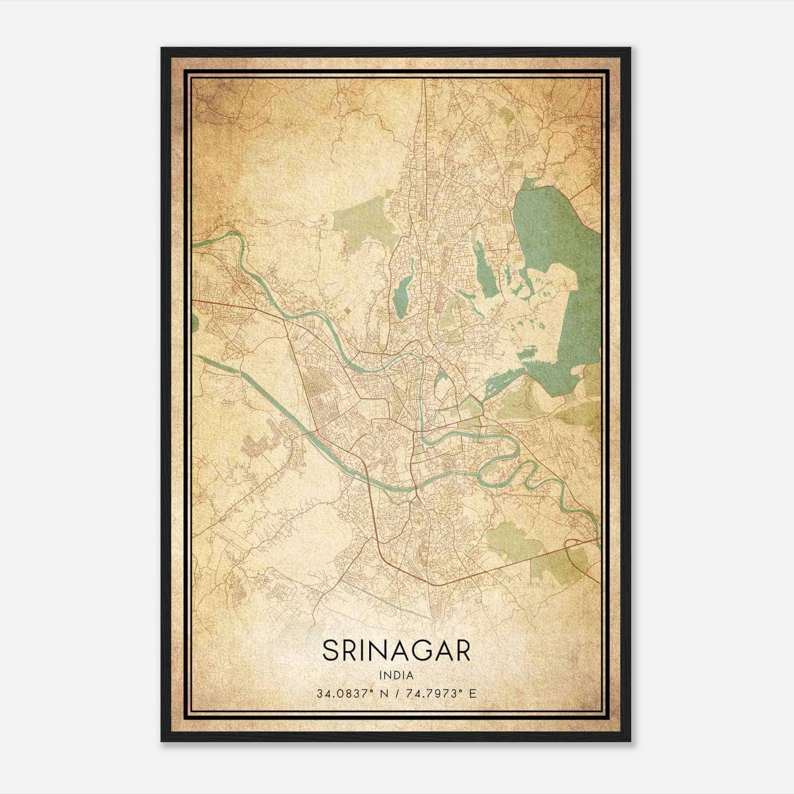Vintage Srinagar India Map Poster, Srinagar City Road Wall Art Print ...