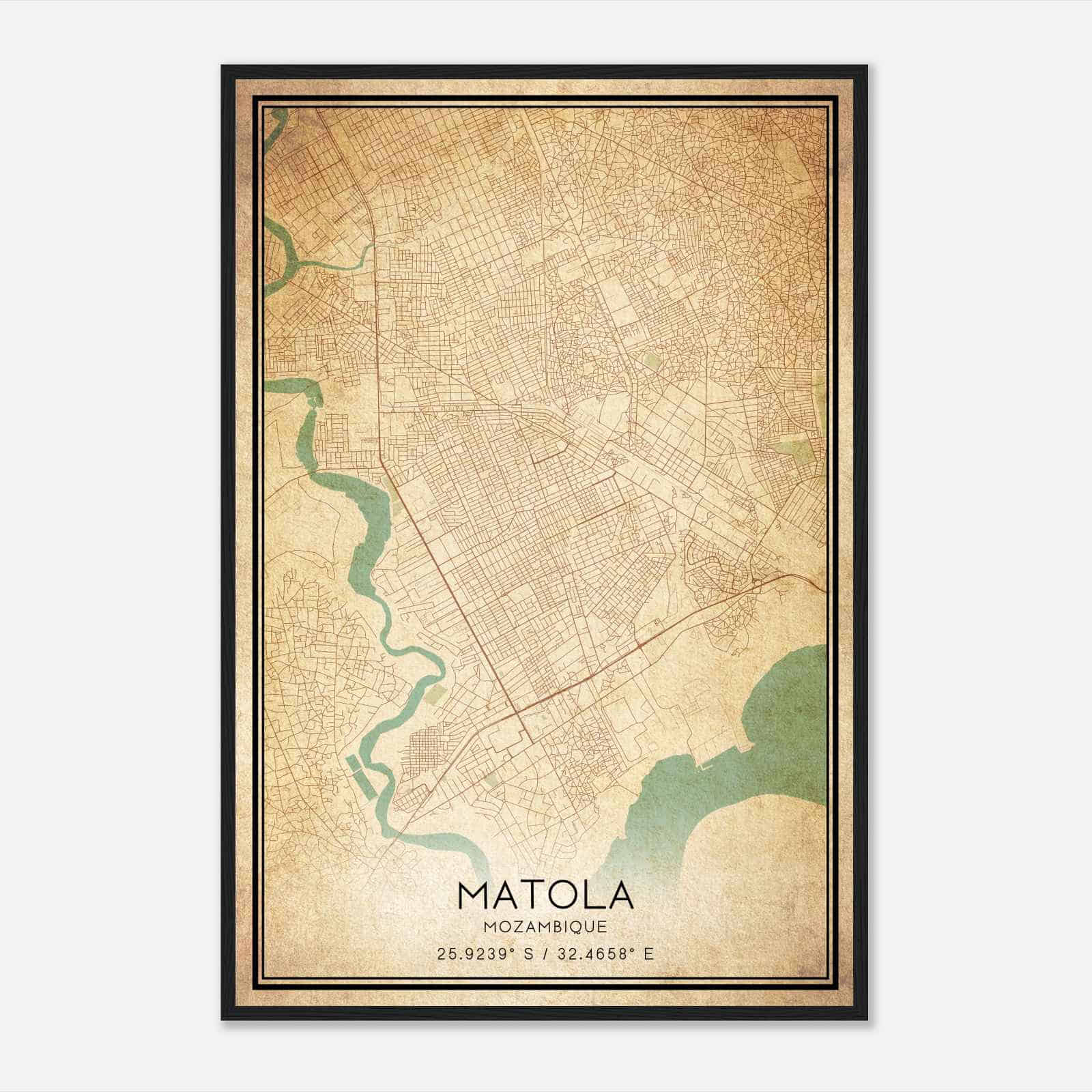 Vintage Matola Mozambique Map Poster, Matola City Road Wall Art Print ...