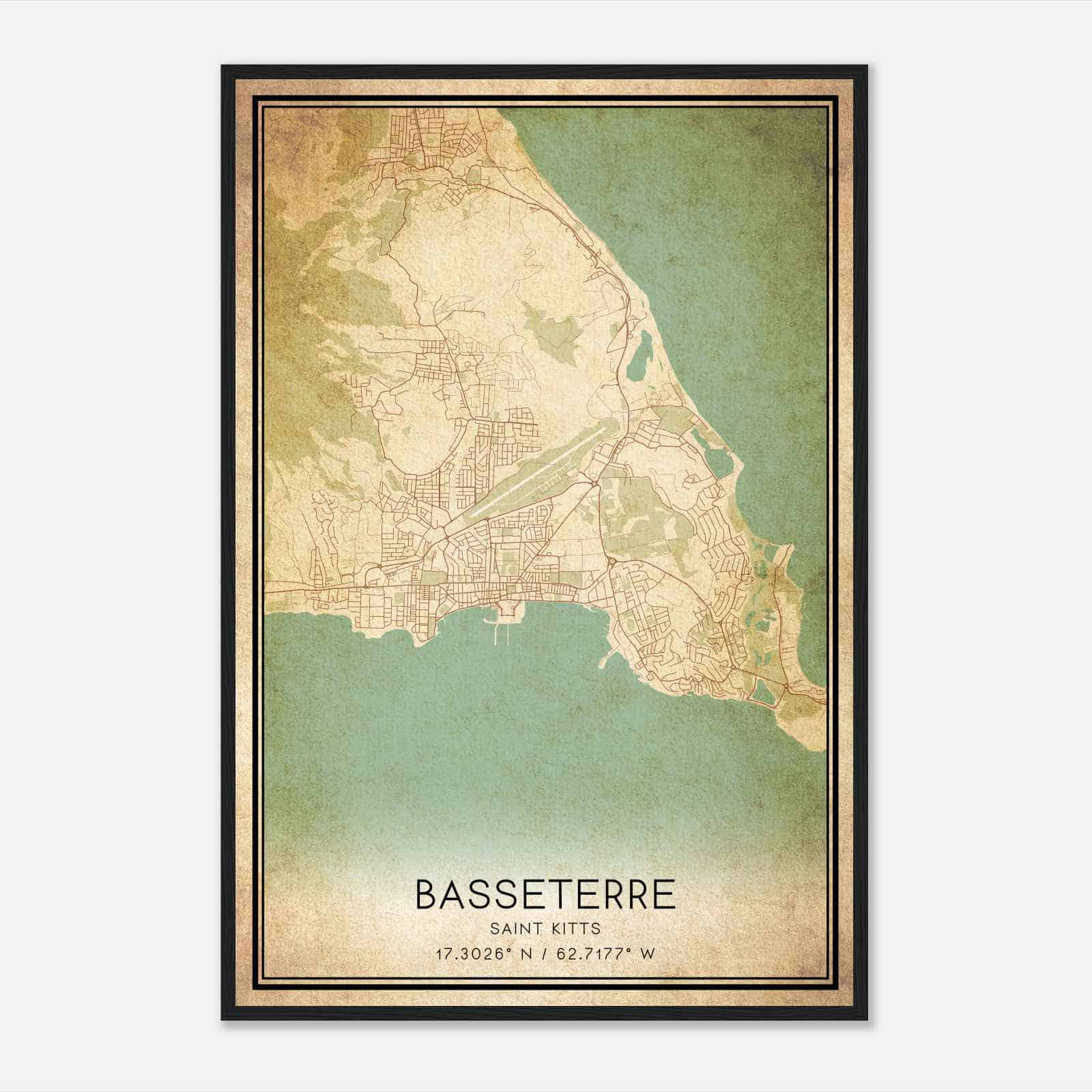 Vintage Basseterre Saint Kitts Map Poster, Basseterre City Road Wall ...