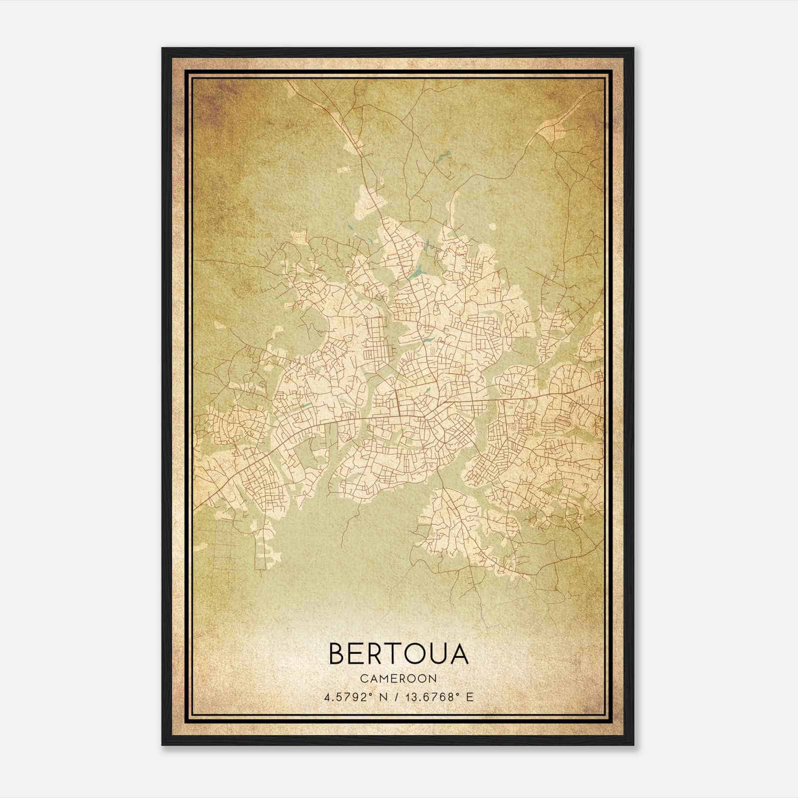 Vintage Bertoua Cameroon Map Poster, Bertoua City Road Wall Art Print ...