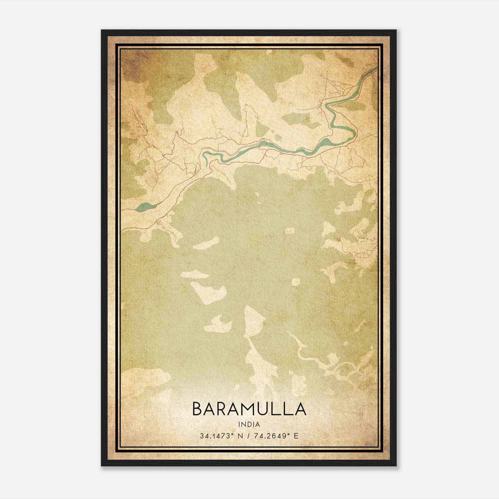 Vintage Baramulla India Map Poster, Baramulla City Road Wall Art Print ...
