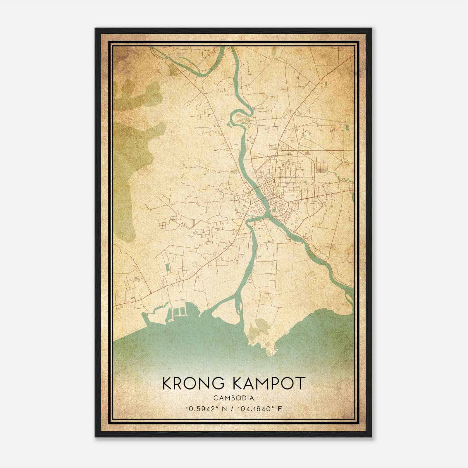 Vintage Krong Kampot Cambodia Map Poster, Krong Kampot City Road Wall ...