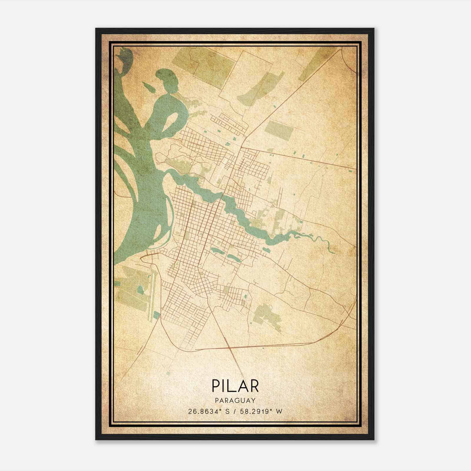 Vintage Pilar Paraguay Map Poster, Pilar City Road Wall Art Print ...