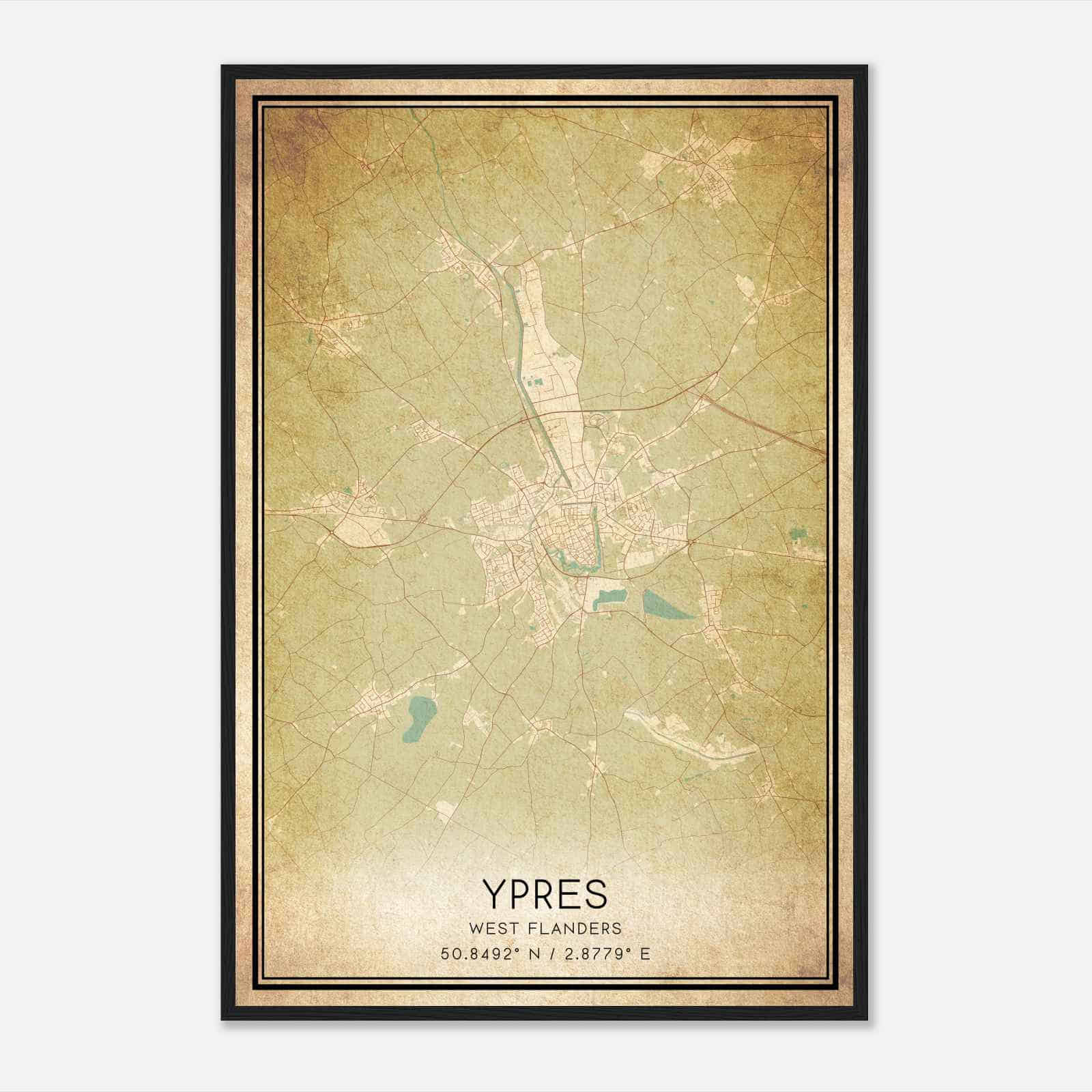 Vintage Ypres West Flanders Map Poster, Ypres City Road Wall Art Print ...