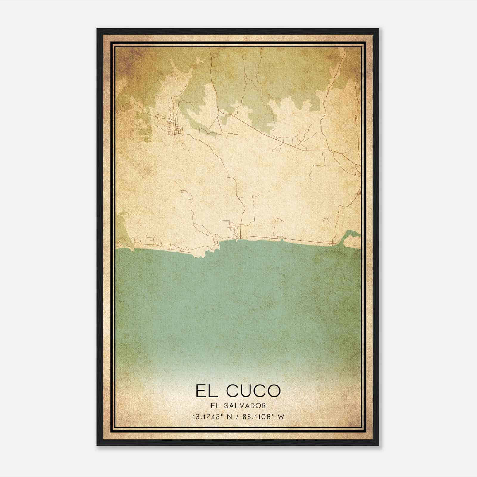 Vintage El Cuco El Salvador Map Poster, El Cuco City Road Wall Art ...
