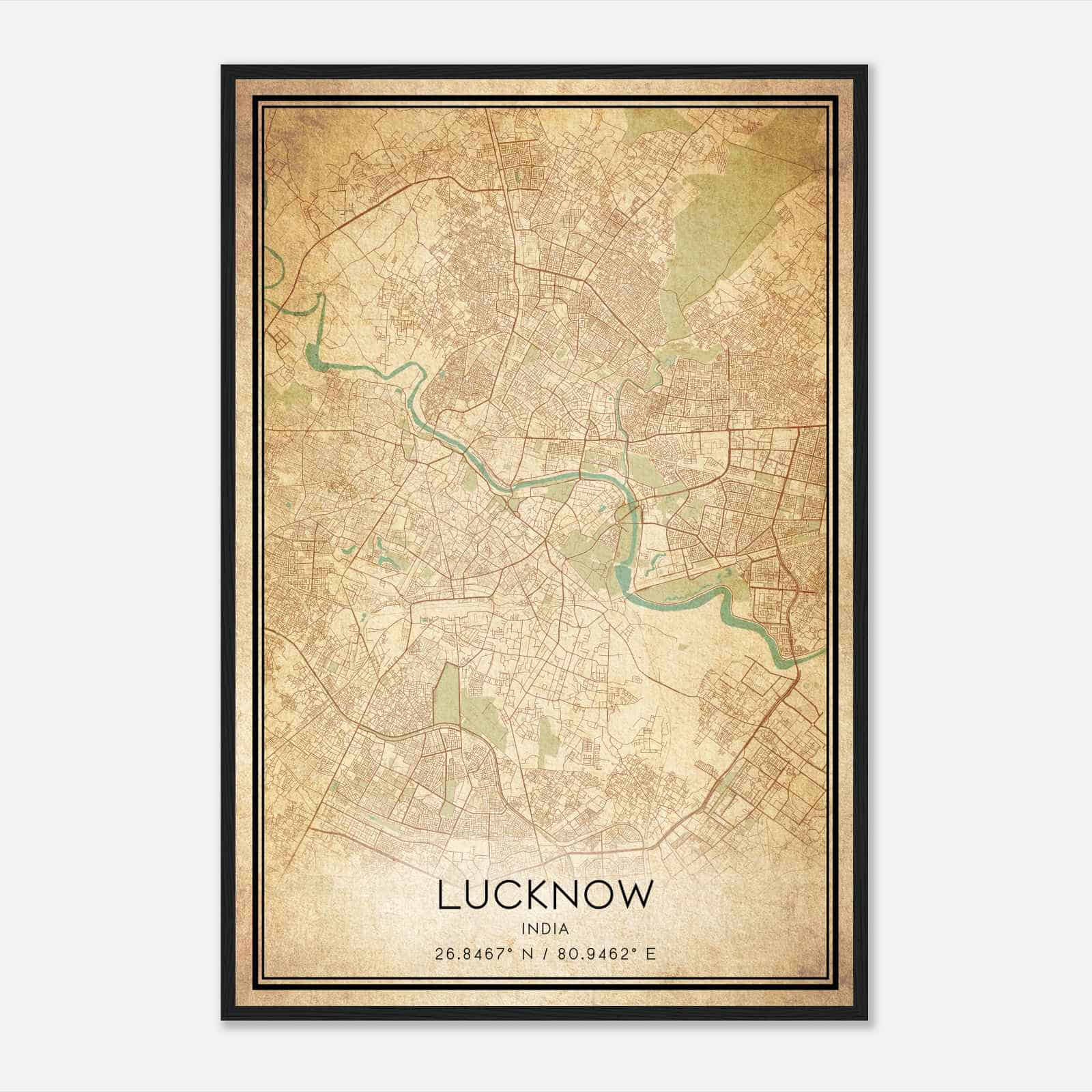 Vintage Lucknow India Map Poster, Lucknow City Road Wall Art Print ...