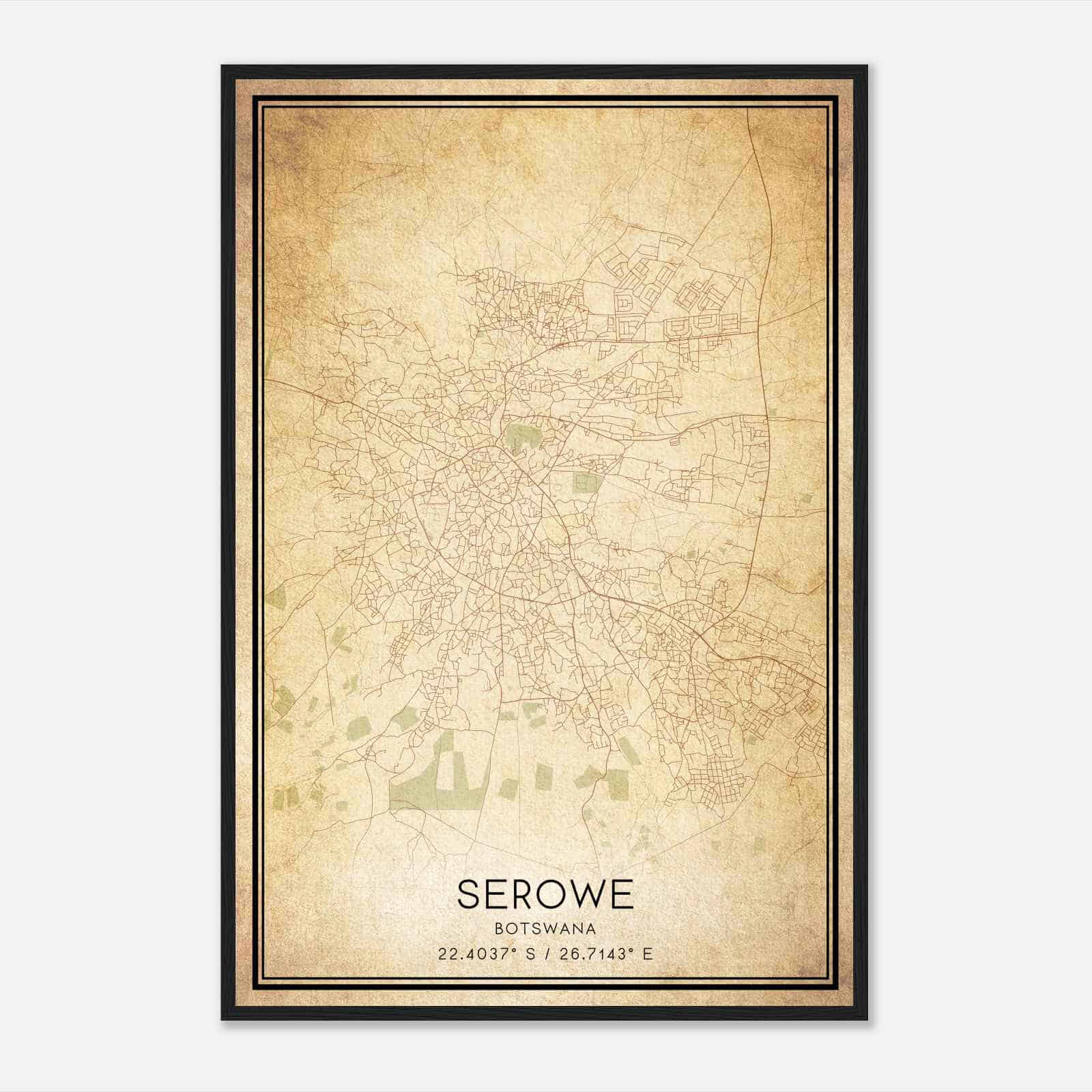 Vintage Serowe Botswana Map Poster, Serowe City Road Wall Art Print ...