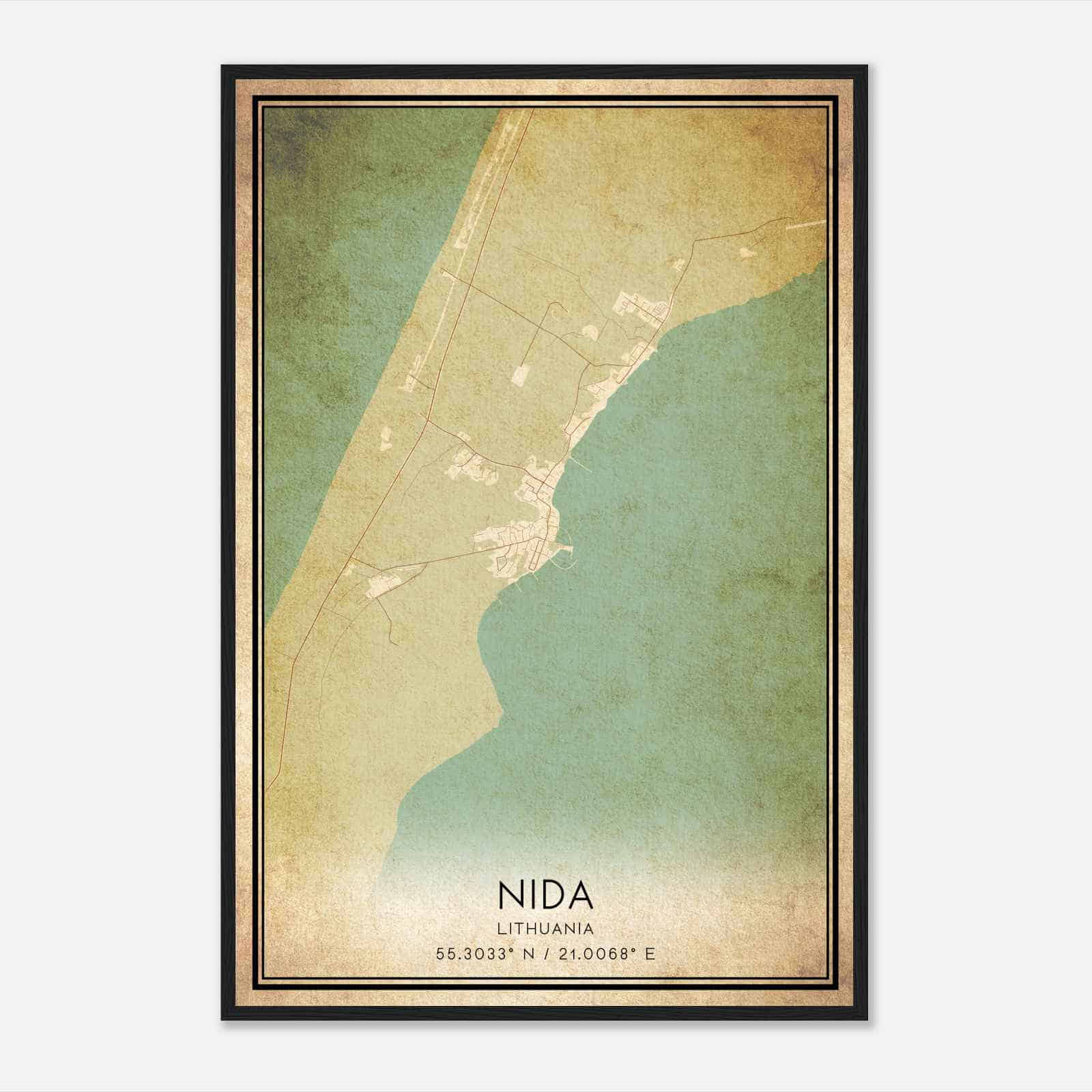 Vintage Nida Lithuania Map Poster, Nida City Road Wall Art Print ...