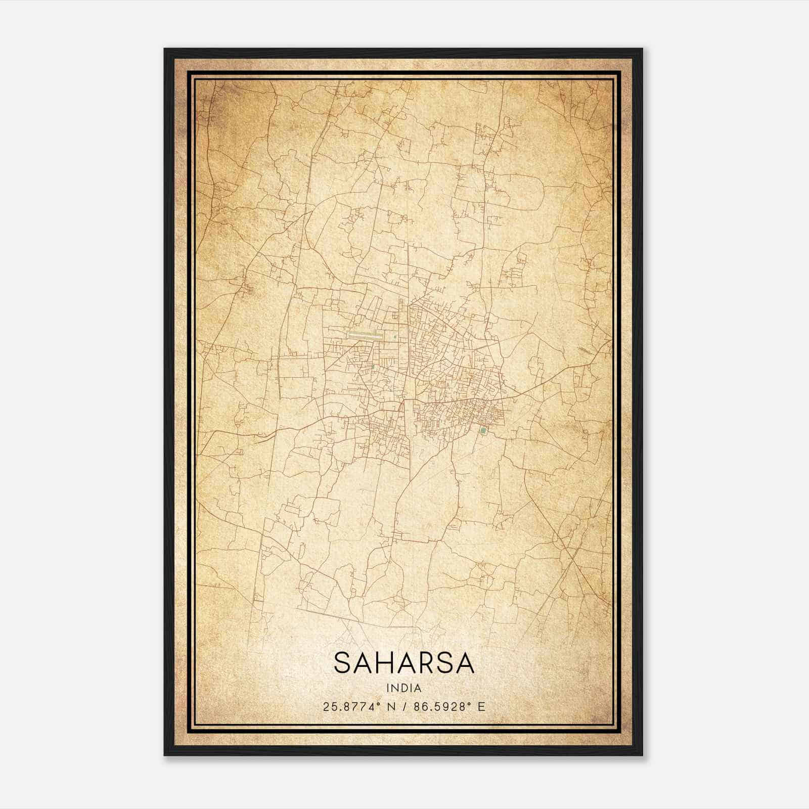 Vintage Saharsa India Map Poster, Saharsa City Road Wall Art Print ...