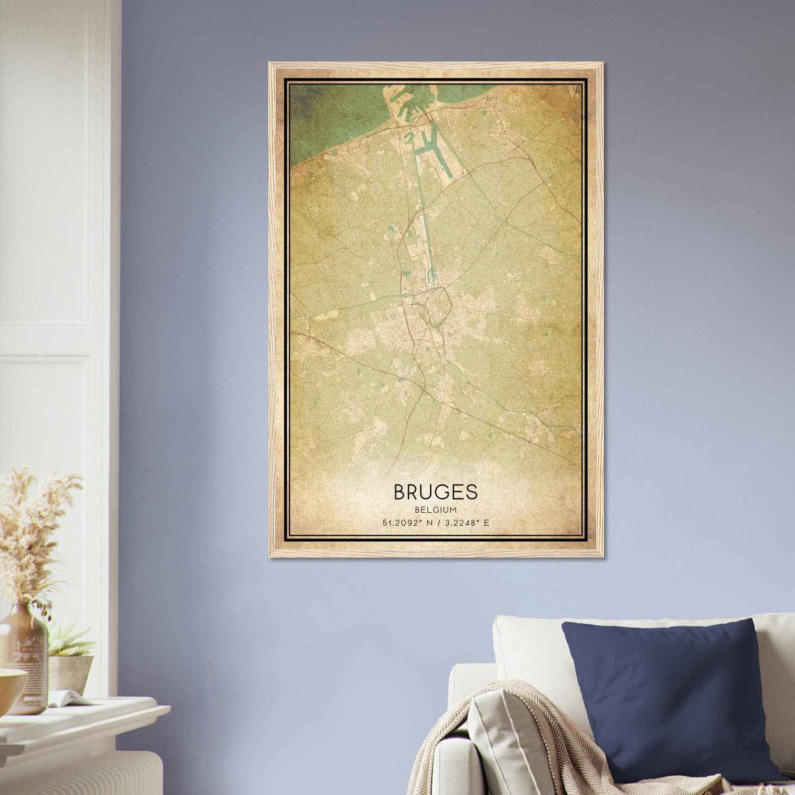Vintage Bruges Belgium Map Poster, Bruges City Road Wall Art Print ...