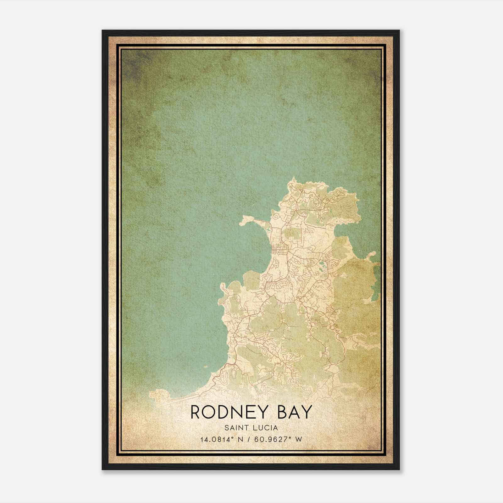 Vintage Rodney Bay Saint Lucia Map Poster, Rodney Bay City Road Wall ...