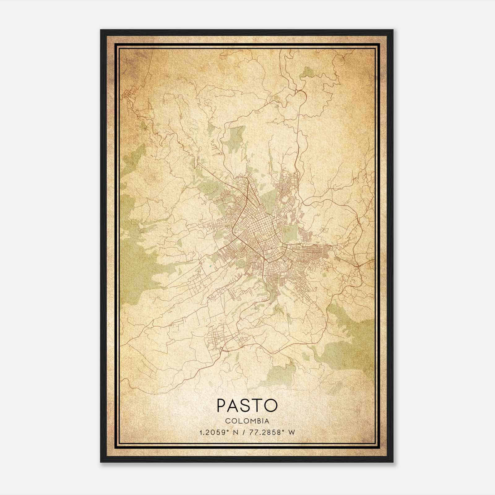 Vintage Pasto Colombia Map Poster, Pasto City Road Wall Art Print ...