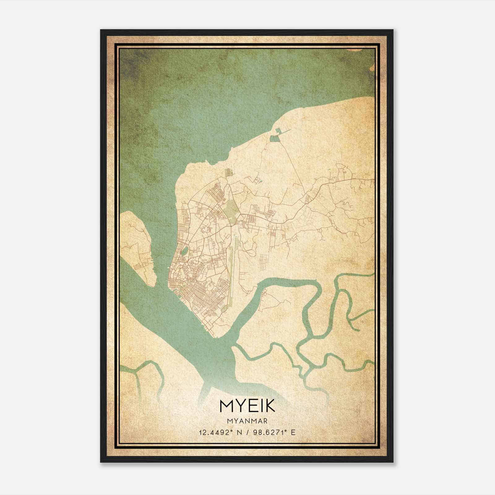 Vintage Myeik Myanmar Map Poster, Myeik City Road Wall Art Print ...