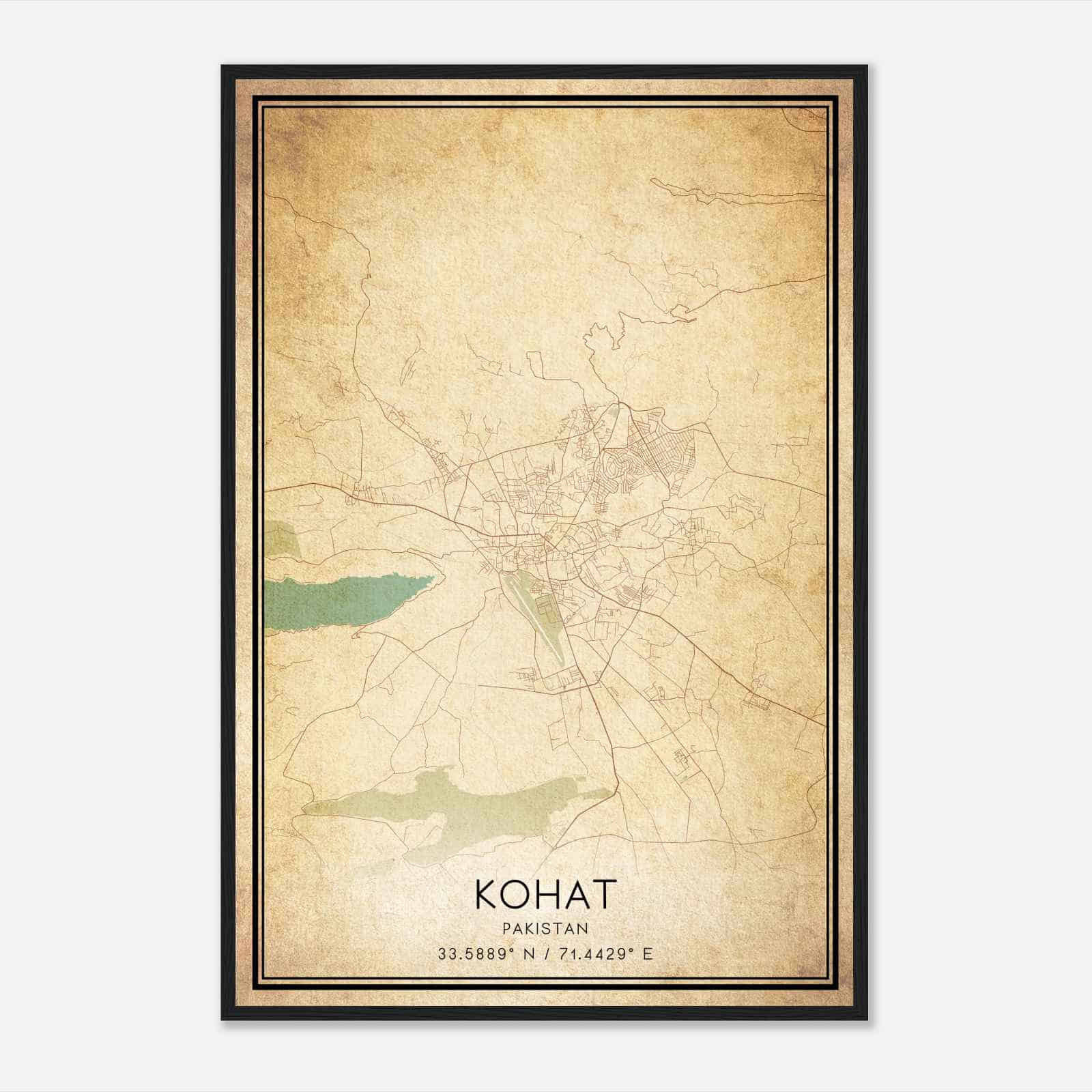Vintage Kohat Pakistan Map Poster, Kohat City Road Wall Art Print ...
