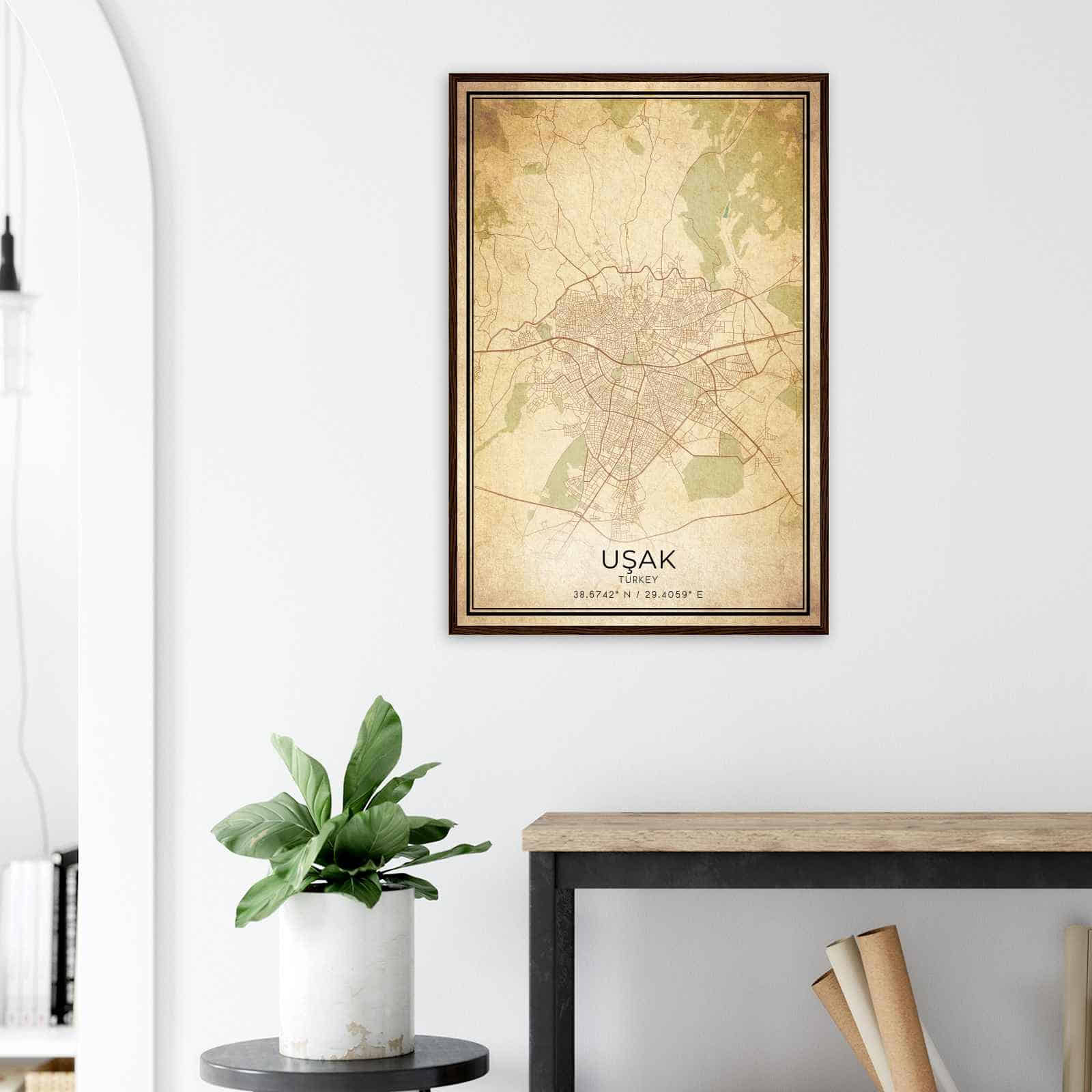 Vintage Usak Turkey Map Poster, Usak City Road Wall Art Print - Custom Maps & Posters