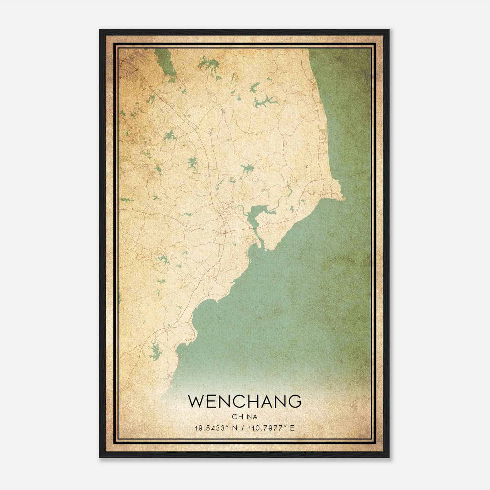 Vintage Wenchang China Map Poster, Wenchang City Road Wall Art Print ...