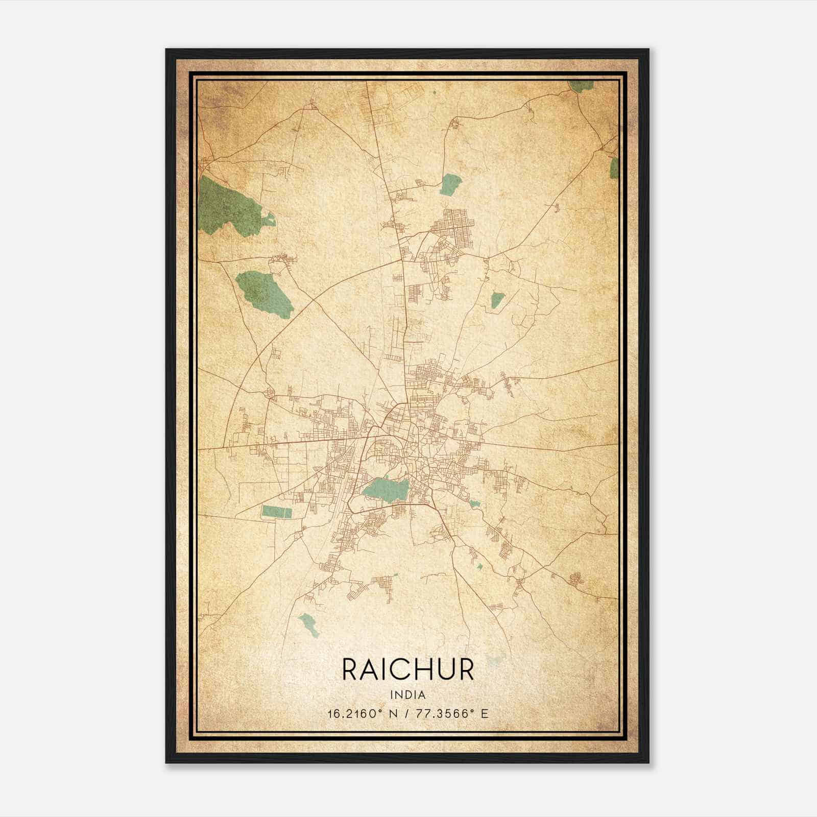 Vintage Raichur India Map Poster, Raichur City Road Wall Art Print ...