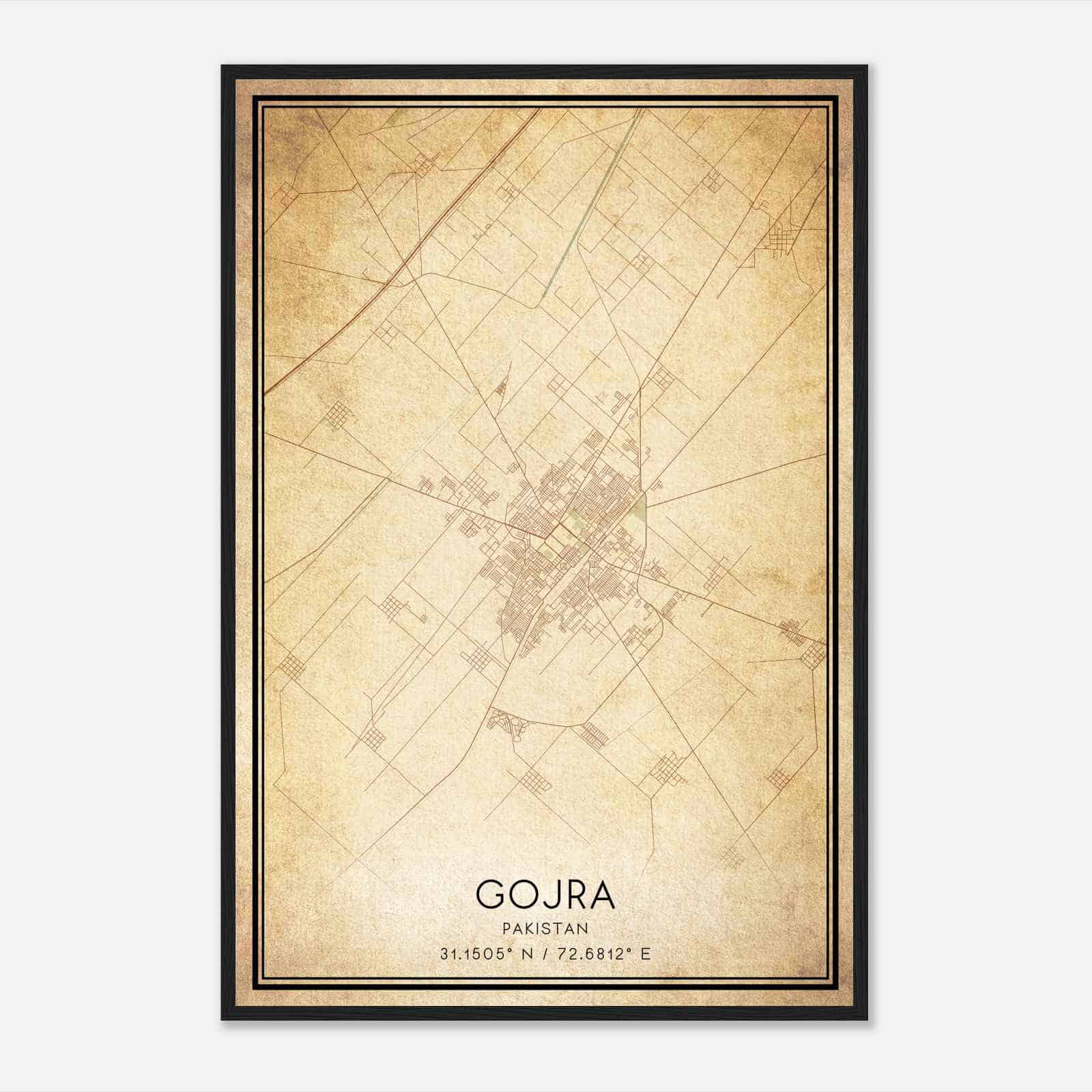 Vintage Gojra Pakistan Map Poster, Gojra City Road Wall Art Print ...