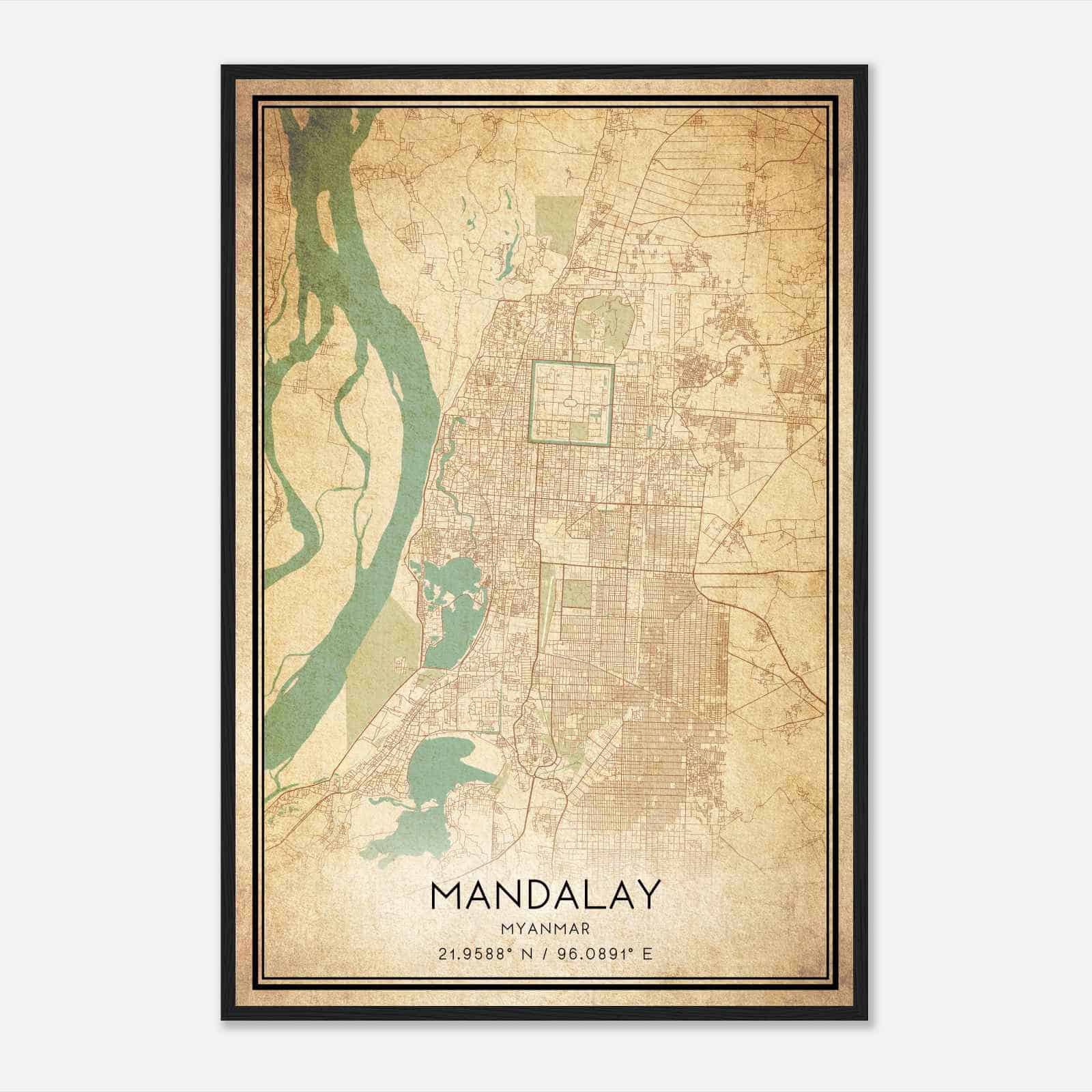 Vintage Mandalay Myanmar Map Poster, Mandalay City Road Wall Art Print - Custom Maps & Posters