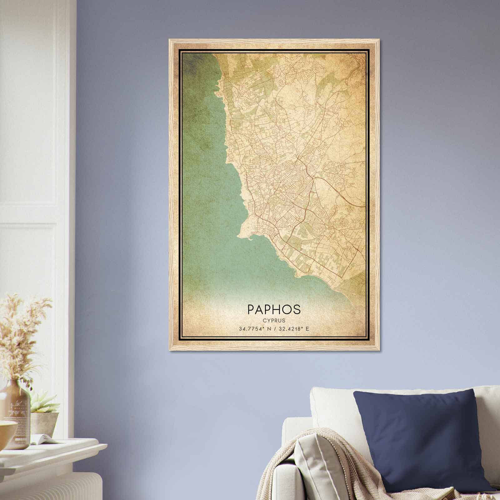 Vintage Paphos Cyprus Map Poster, Paphos City Road Wall Art Print ...