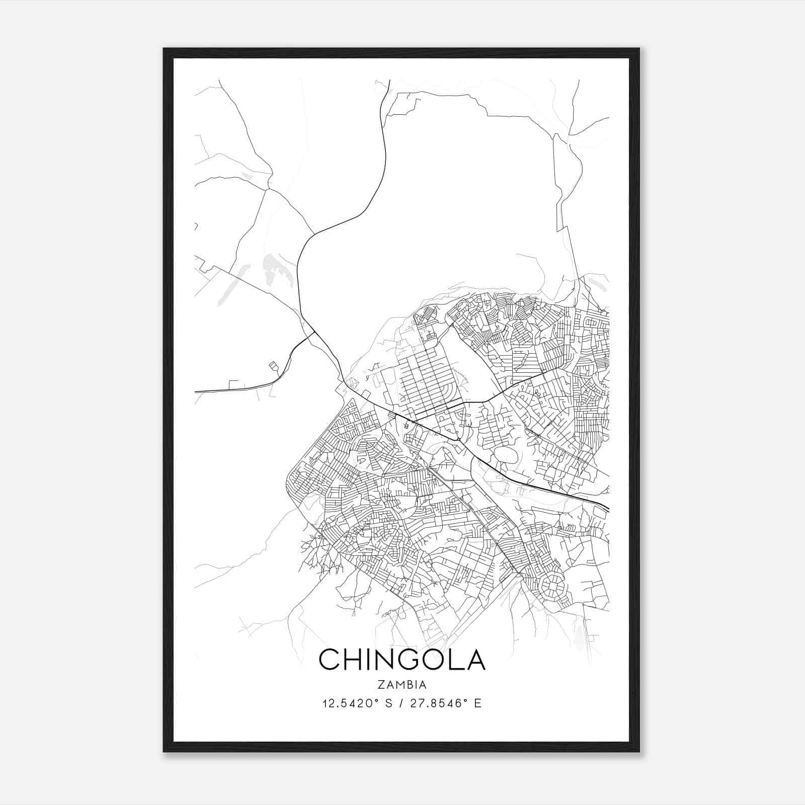 Chingola Zambia Map Poster, Chingola City Road Wall Art Print - Custom ...