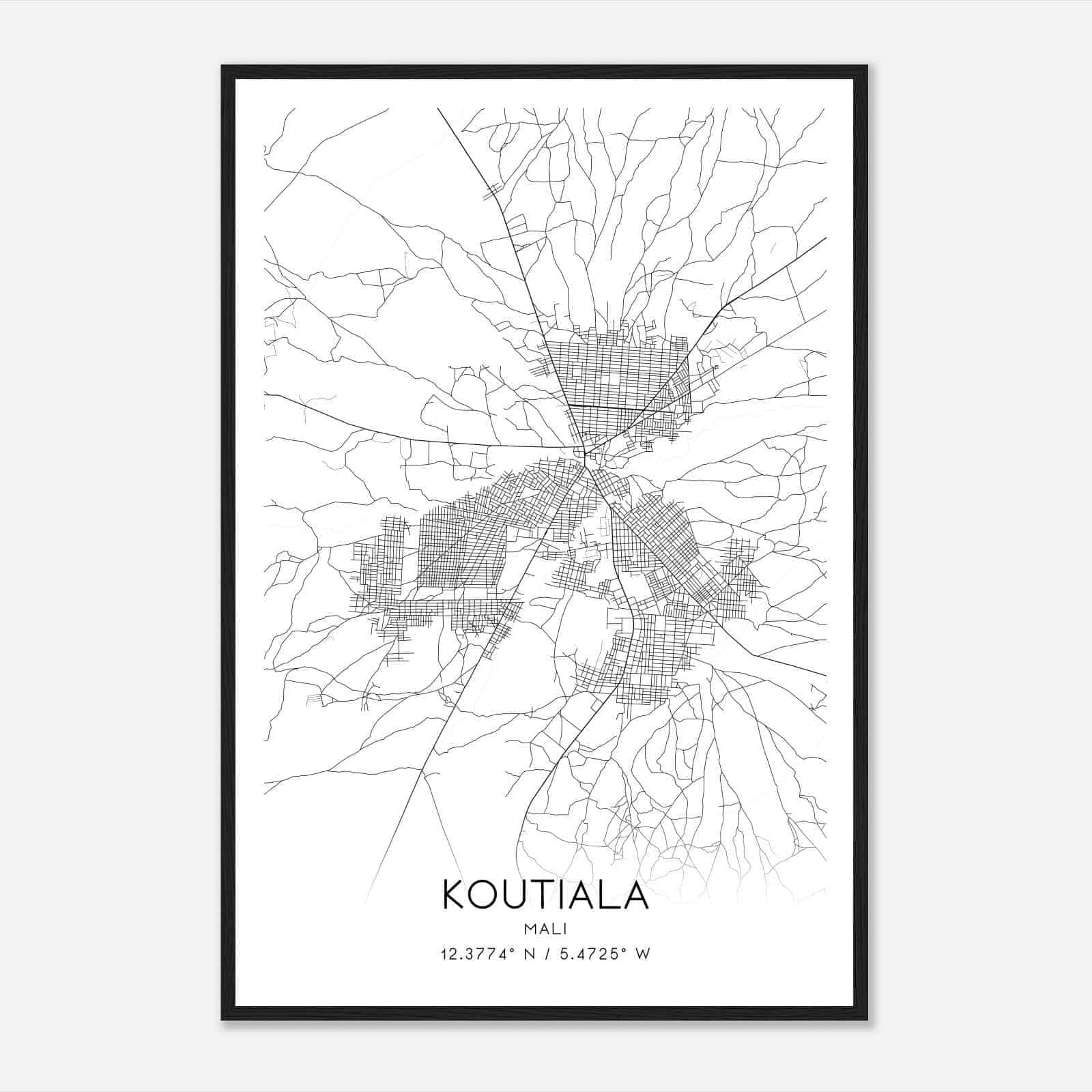 Koutiala Mali Map Poster, Koutiala City Road Wall Art Print - Custom Maps & Posters