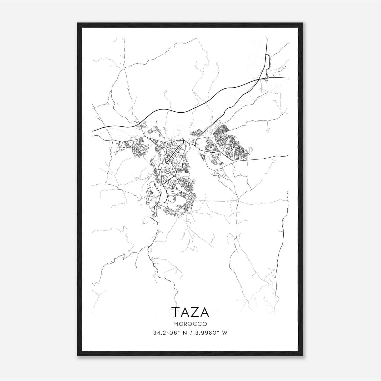 Taza Morocco Map Poster, Taza City Road Wall Art Print - Custom Maps ...