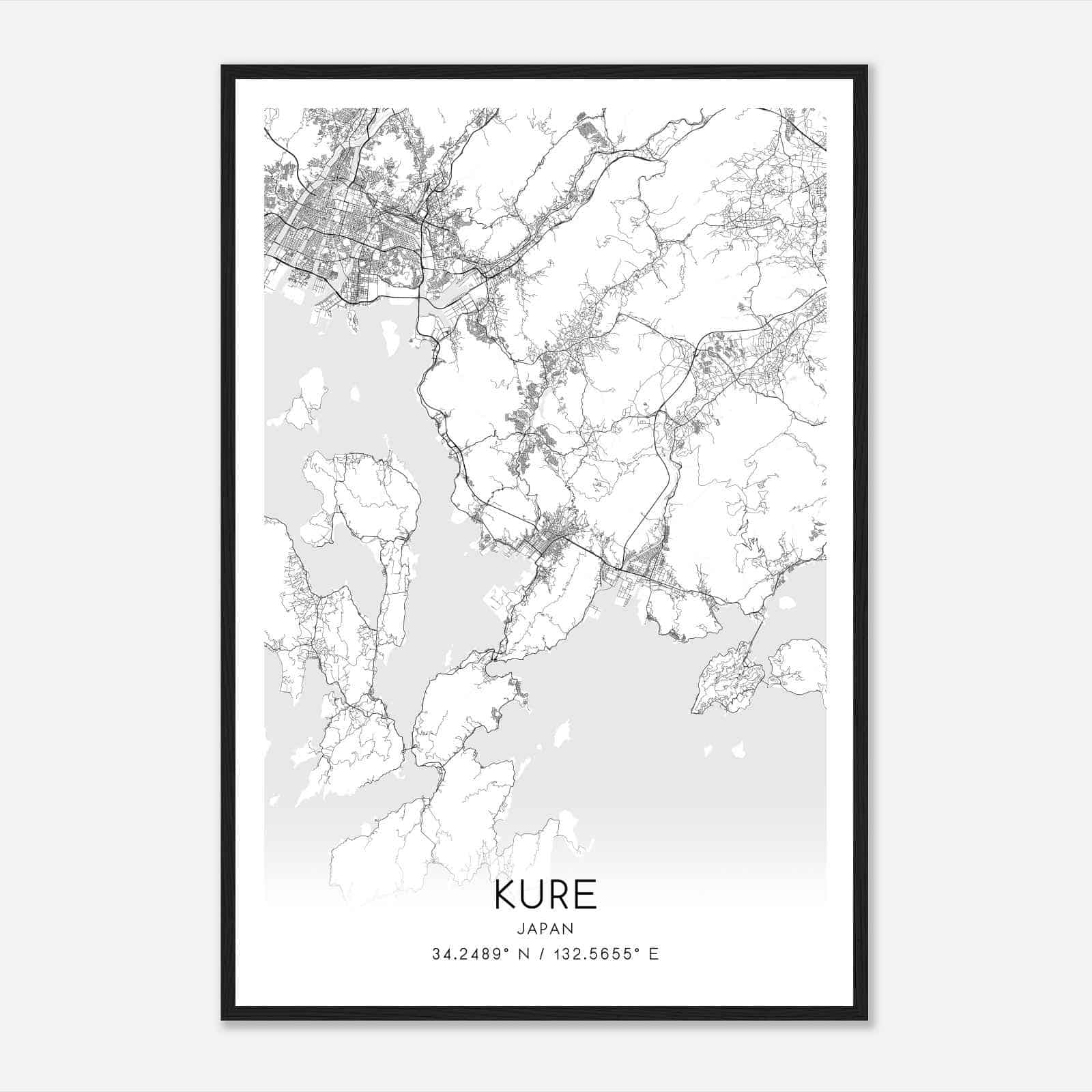 Kure Japan Map Poster, Kure City Road Wall Art Print - Custom Maps ...