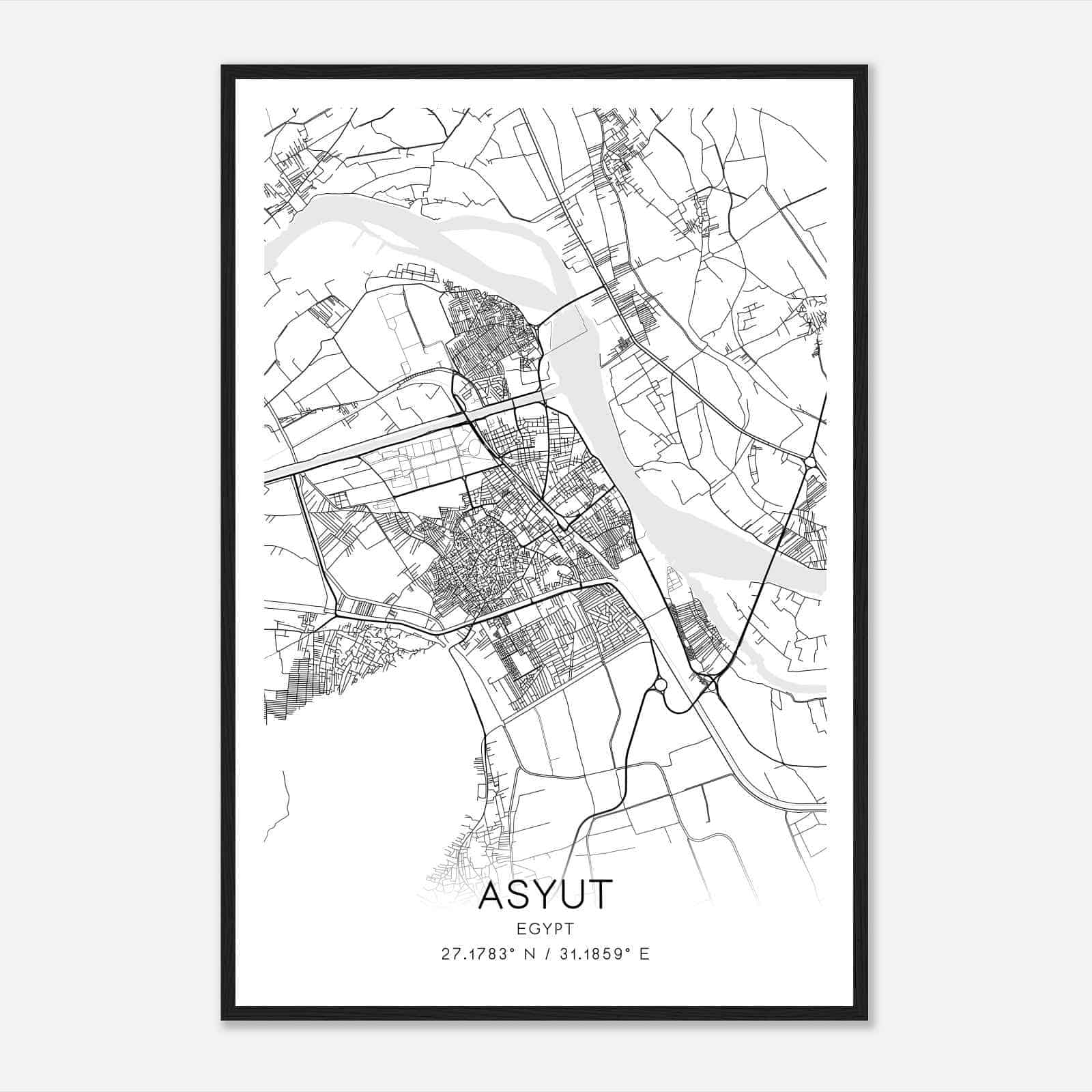 Asyut Egypt Map Poster, Asyut City Road Wall Art Print - Custom Maps & Posters