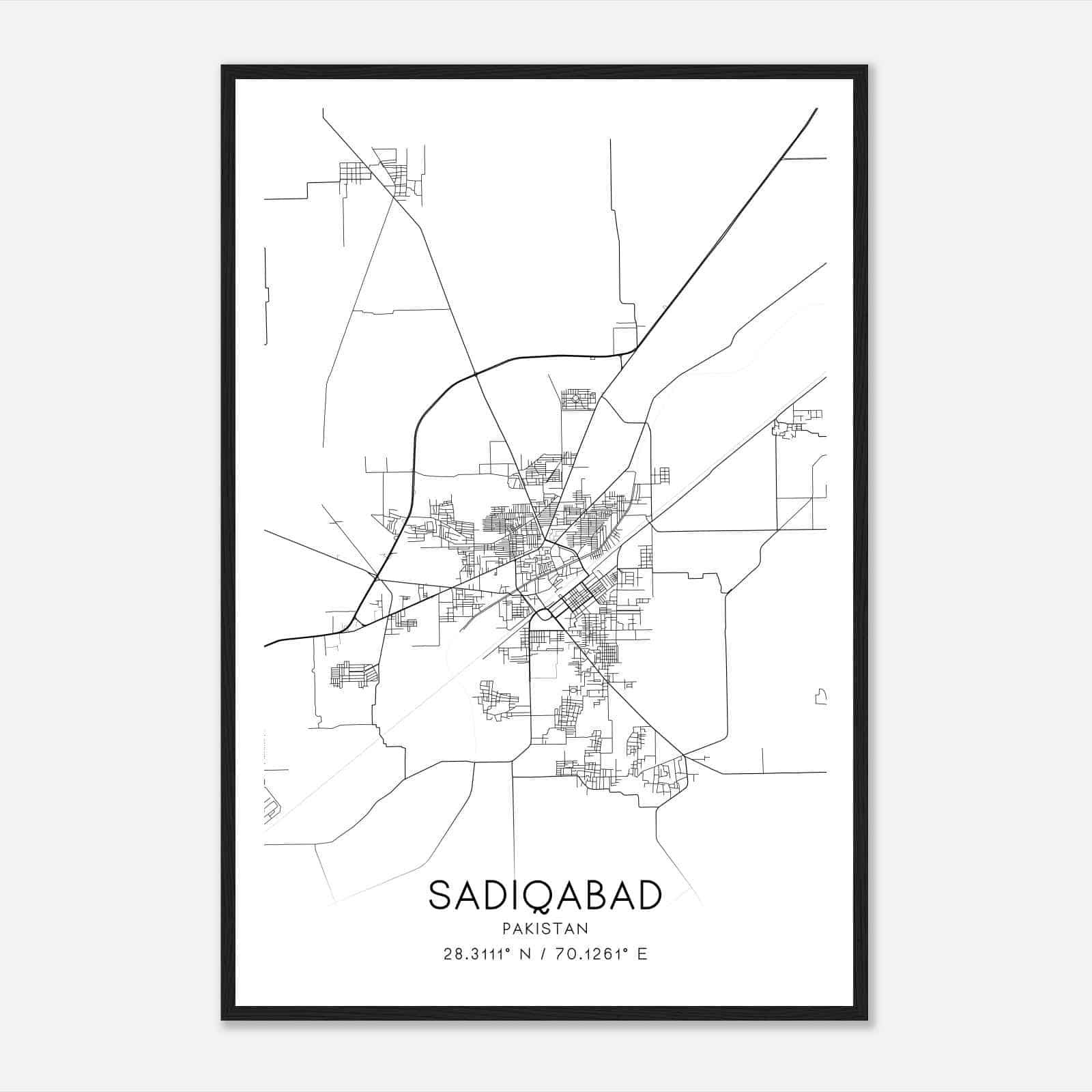Sadiqabad Pakistan Map Poster, Sadiqabad City Road Wall Art Print ...