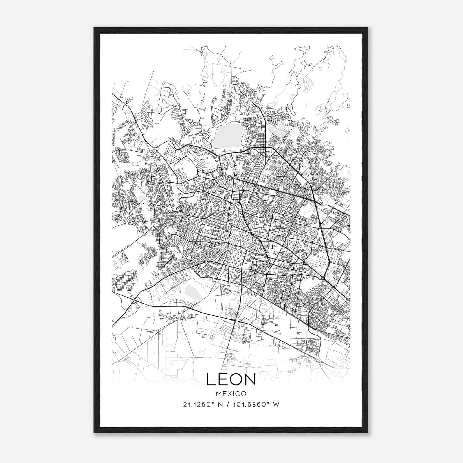 Leon Mexico Map Poster, Leon City Road Wall Art Print - Custom Maps ...